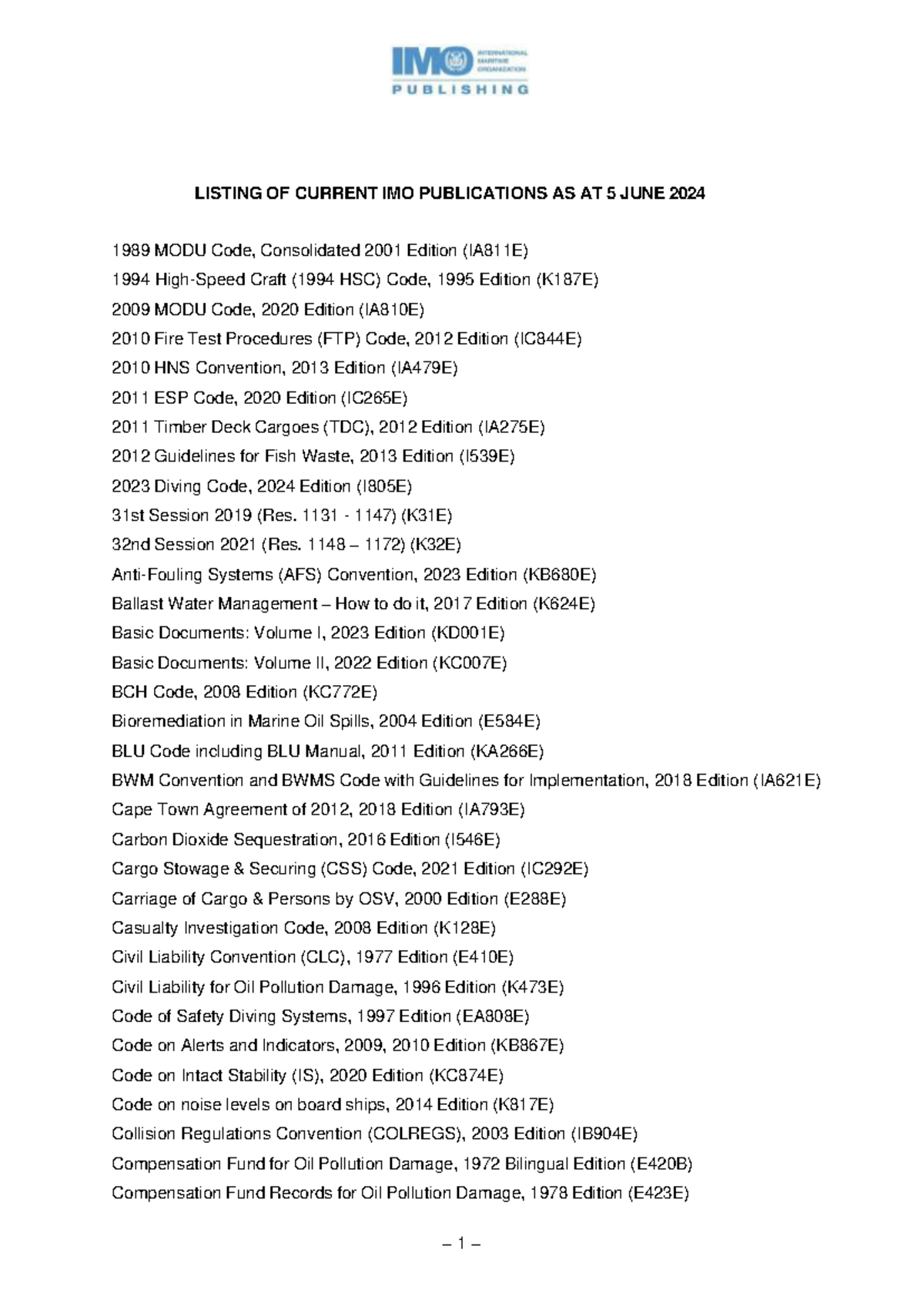 Listing OF Current IMO Publications AT 5 JUNE 2024 - LISTING OF CURRENT ...