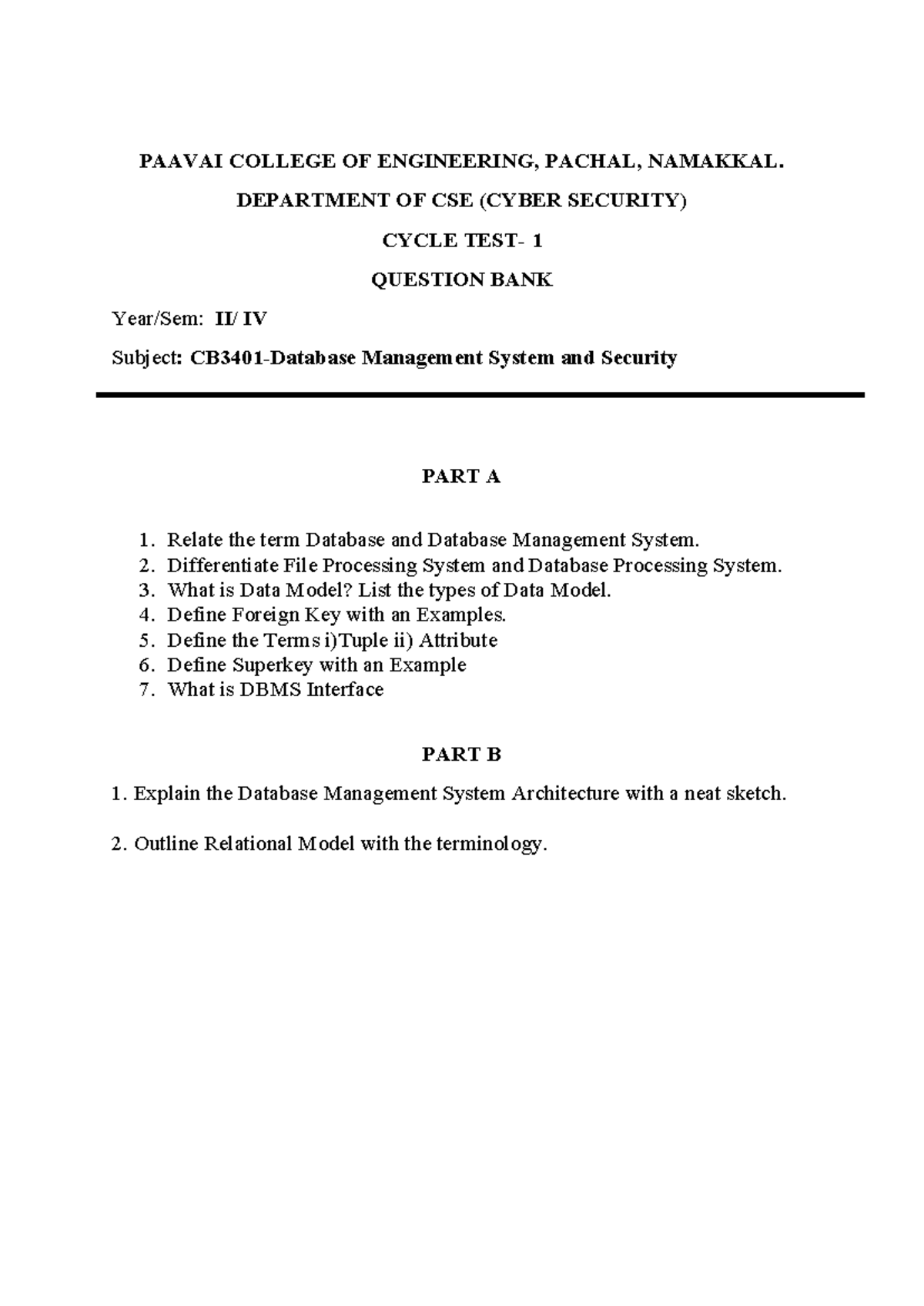 Dbmss CT1(QB) - mvmn - PAAVAI COLLEGE OF ENGINEERING, PACHAL, NAMAKKAL ...