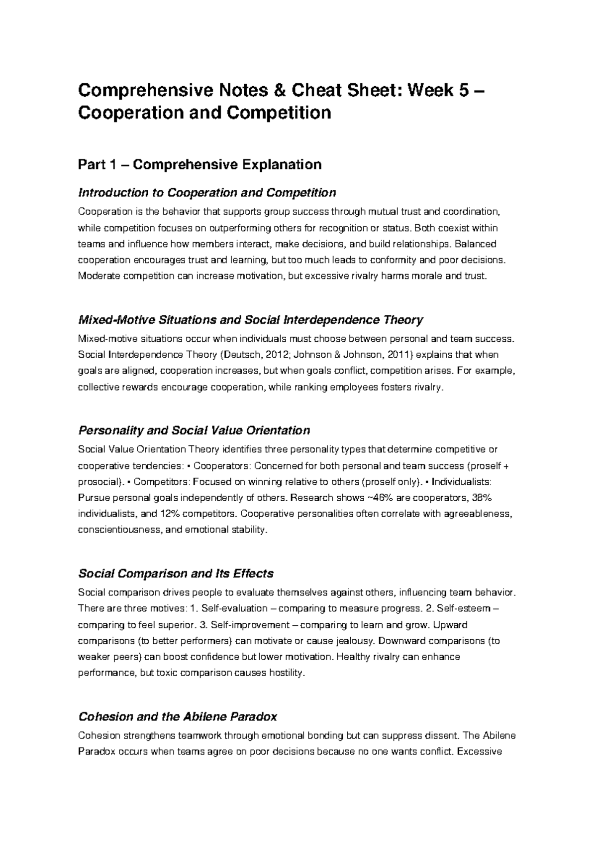 Cooperation and Competition: Week 5 Comprehensive Notes - Studocu