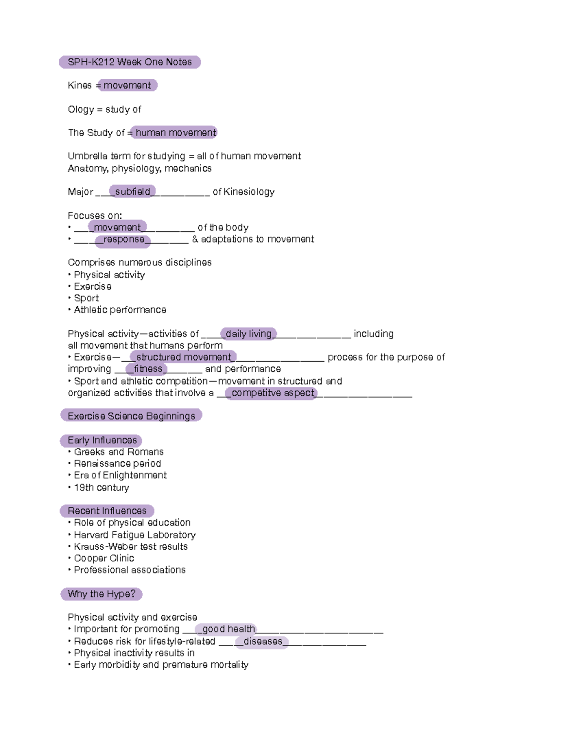 Introduction to Kinesiology and Exercise Science SPH-K212 Week 1 Notes ...