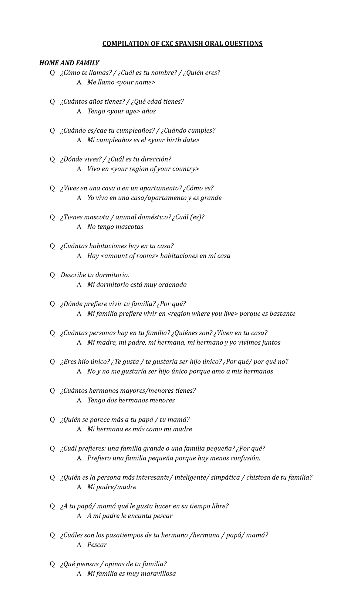 CXC Spanish Oral Questions Compilation for Home & School Topics - Studocu