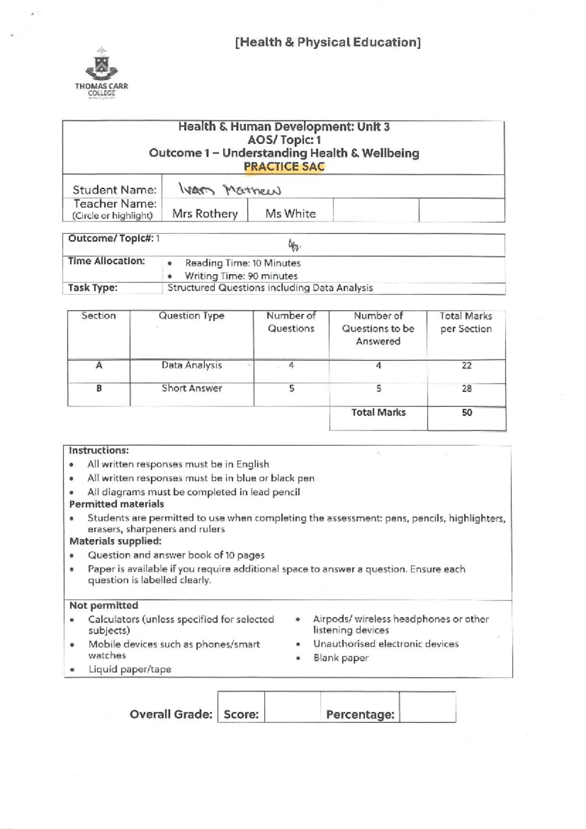 HHD Unit 3: Health and Wellbeing Assessment Task Overview - Studocu