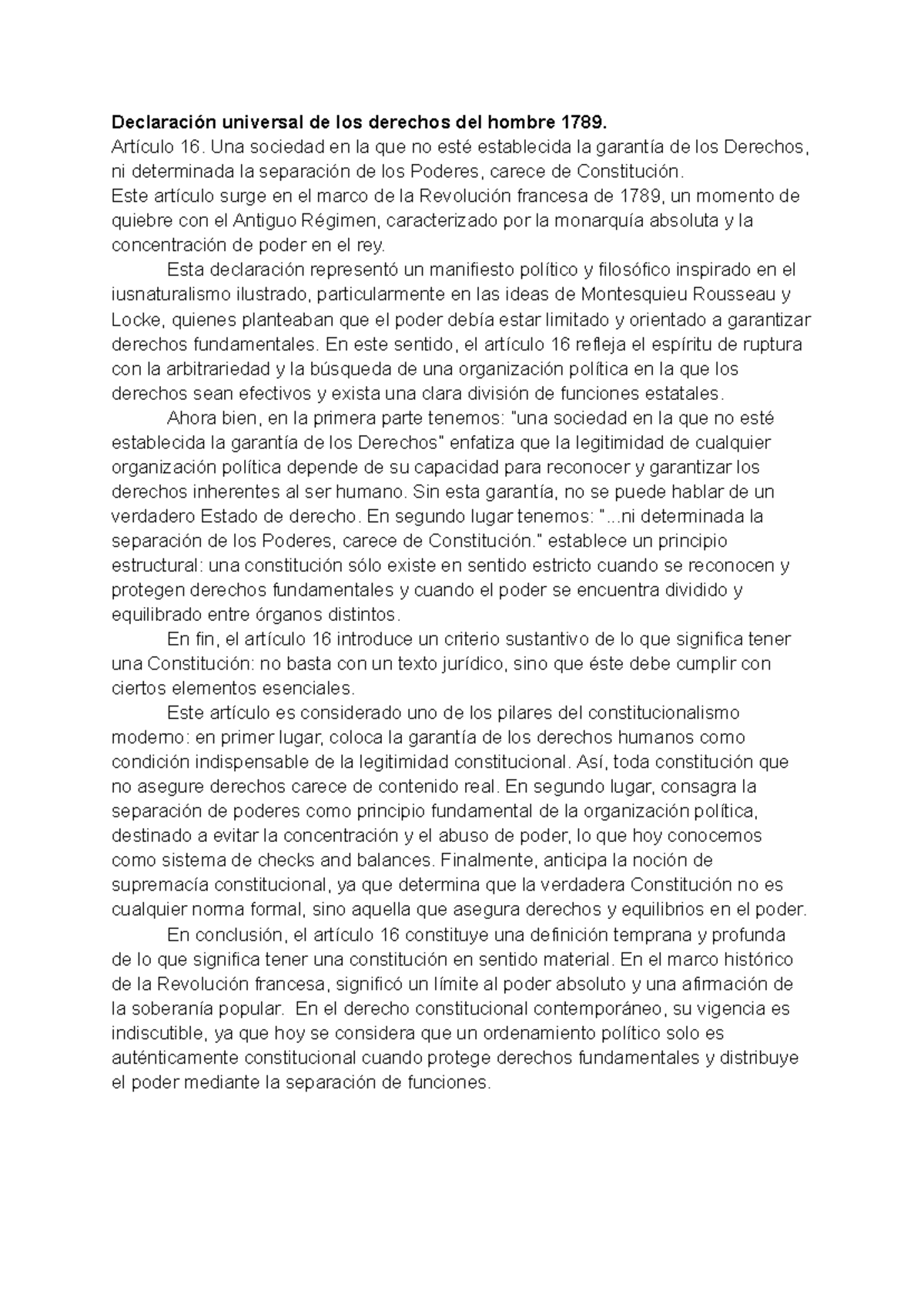 Análisis del Artículo 16 de la Declaración de 1789 - Studocu
