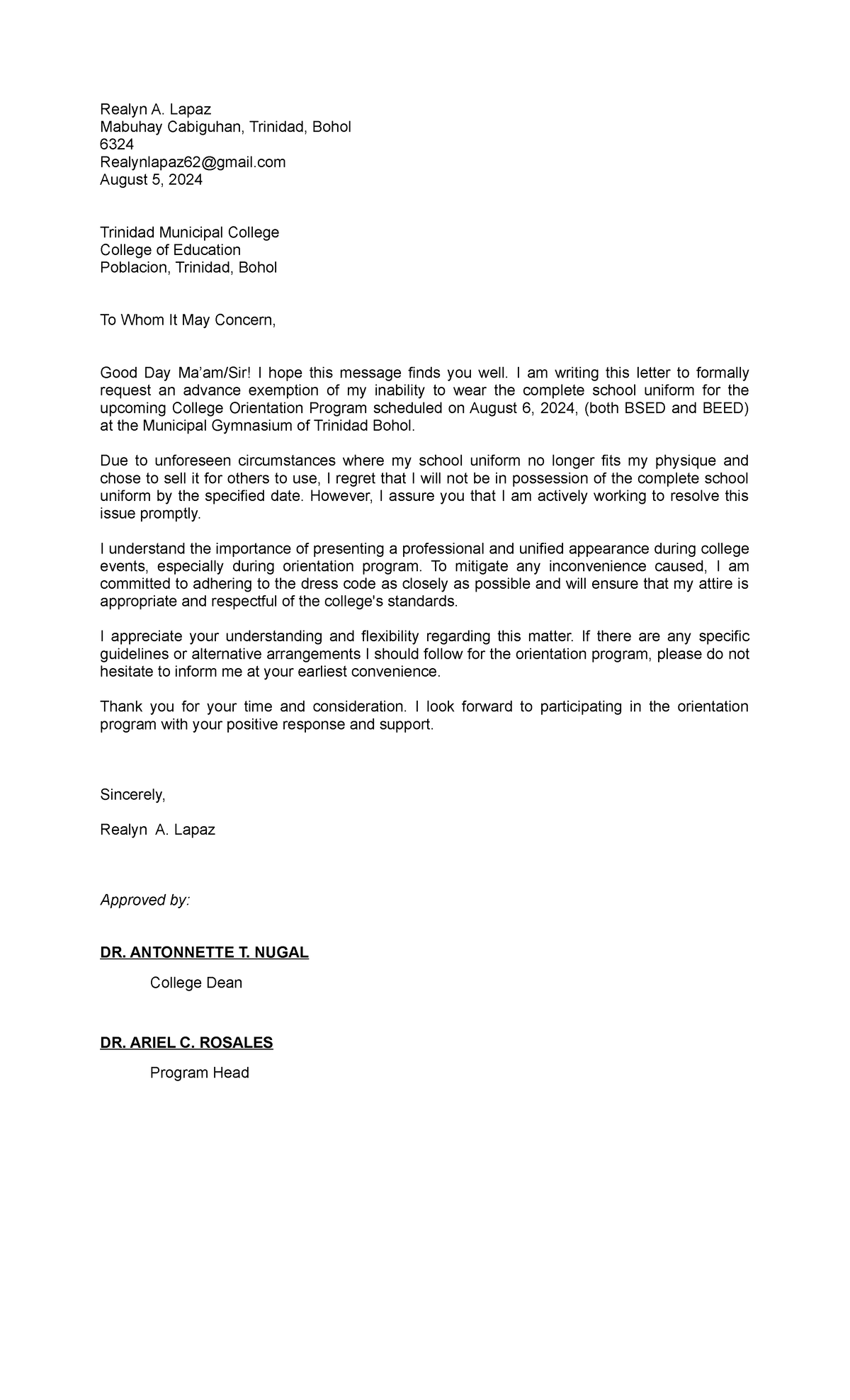 Promissory Letter Requesting Uniform Exemption for C. Orientation 2024 ...