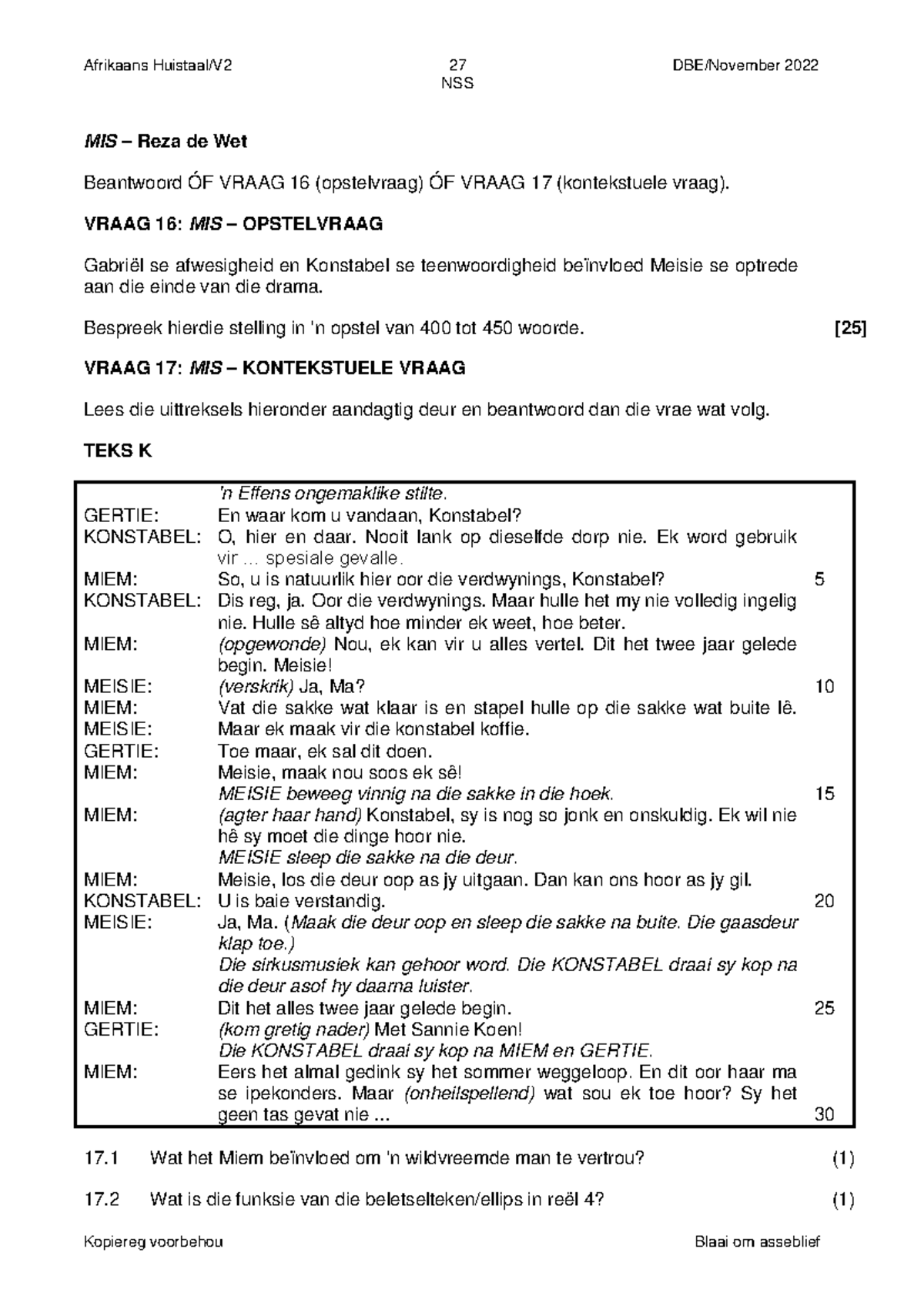 Afrikaans 27 NSS 2022 MIS Vraestel 2: Opstel en Kontekstuele Vrae - Studocu