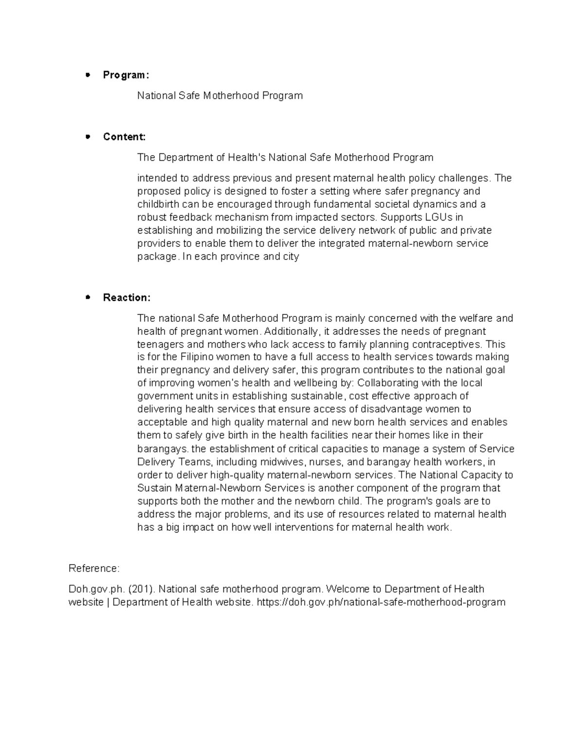 National Safe Motherhood Program Synthesis Paper: Maternal Health Focus ...