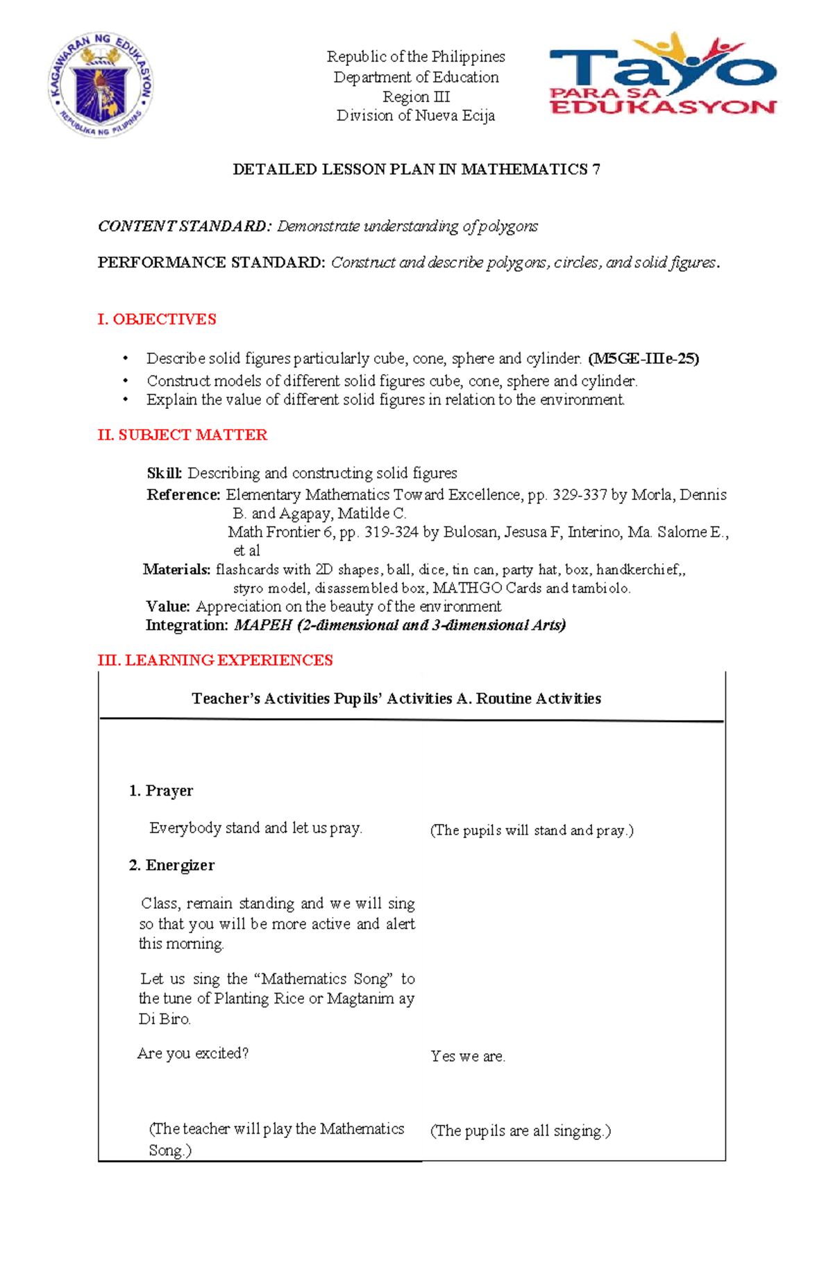 Detailed Lesson Plan in Mathematics 7: Solid Figures (M5GE-IIIe-25) - Studocu