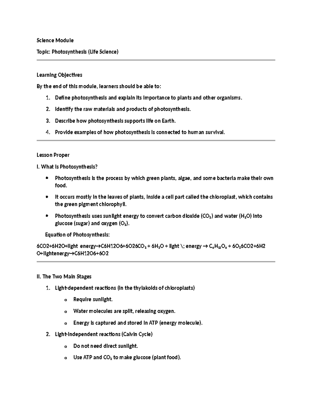 Life Science Module: Photosynthesis Overview and Key Concepts - Studocu