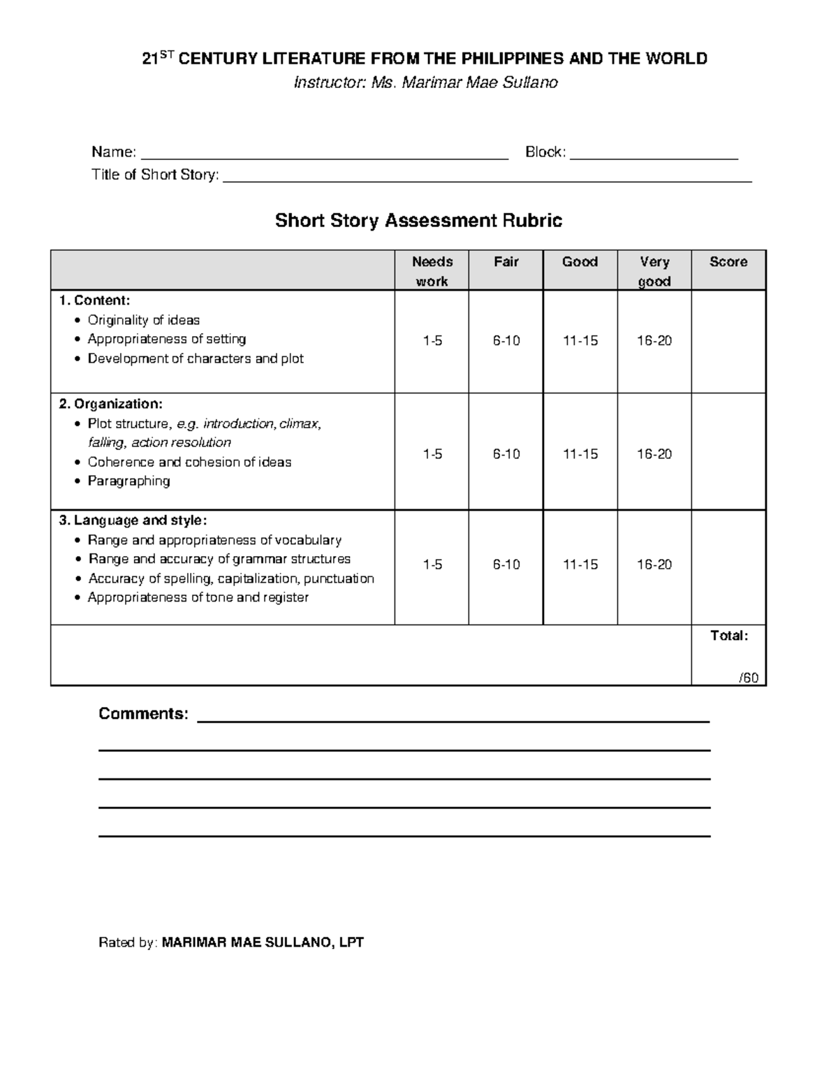 Short Story Assessment Rubric - 21 ST CENTURY LITERATURE FROM THE ...