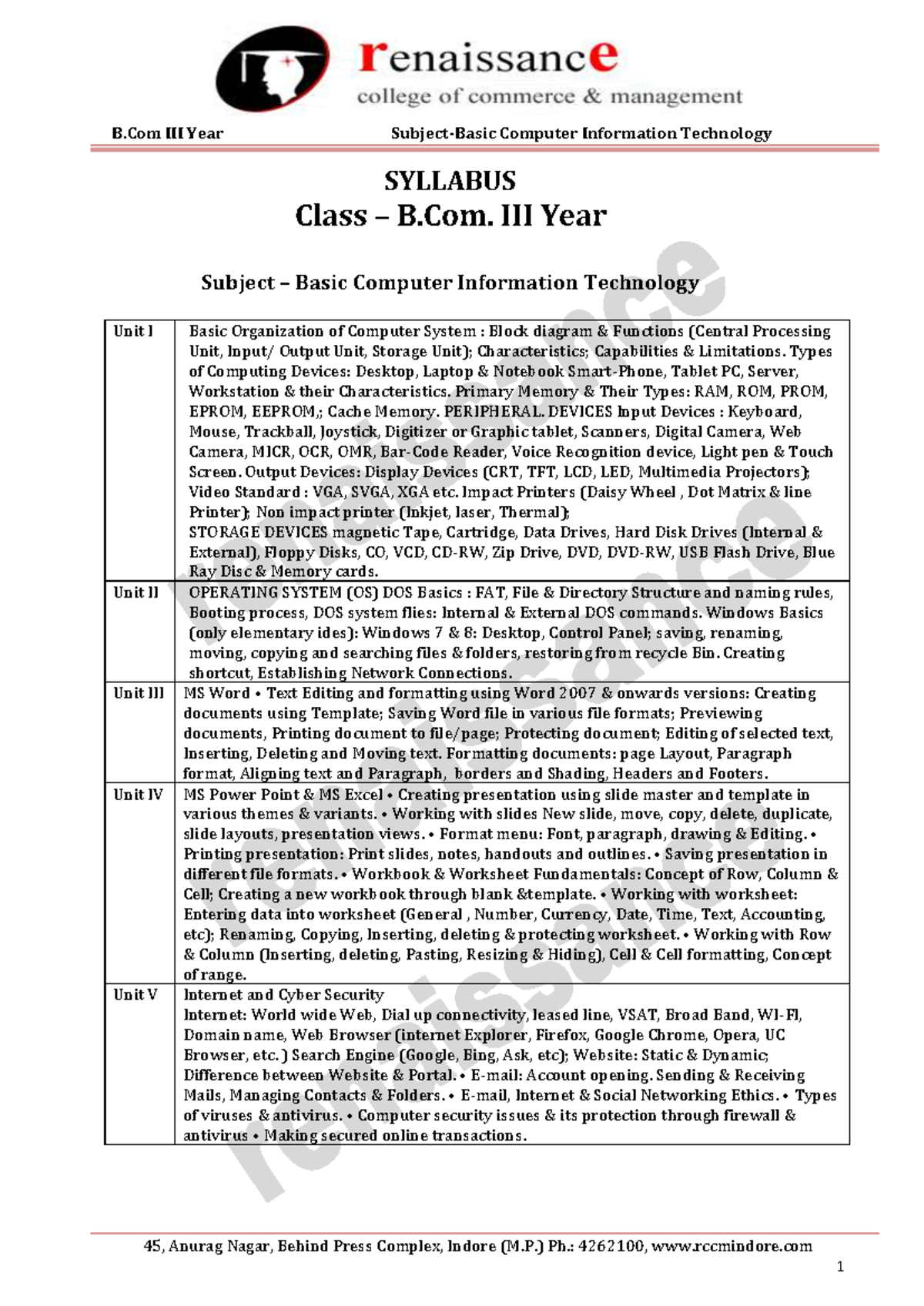 Basic Computer Information Technology Syllabus (B.Com III Year) - Studocu