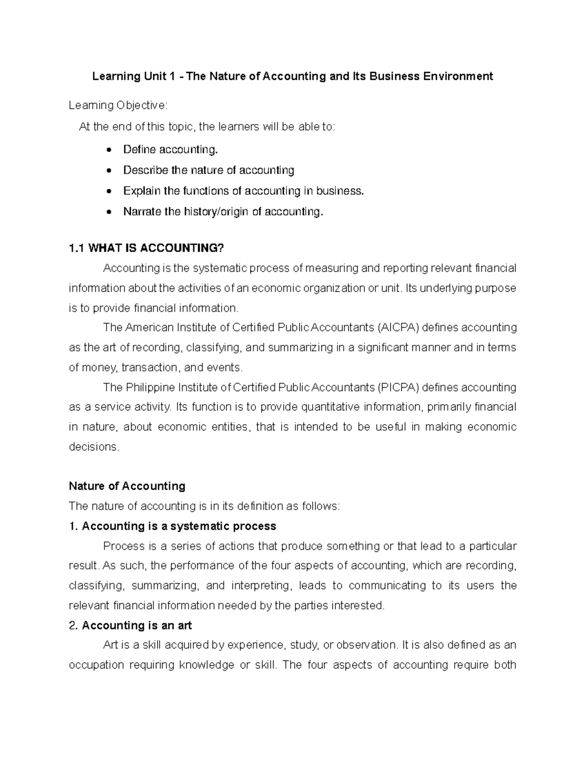 Learning Unit 1: Introduction to Accounting and Its Business ...