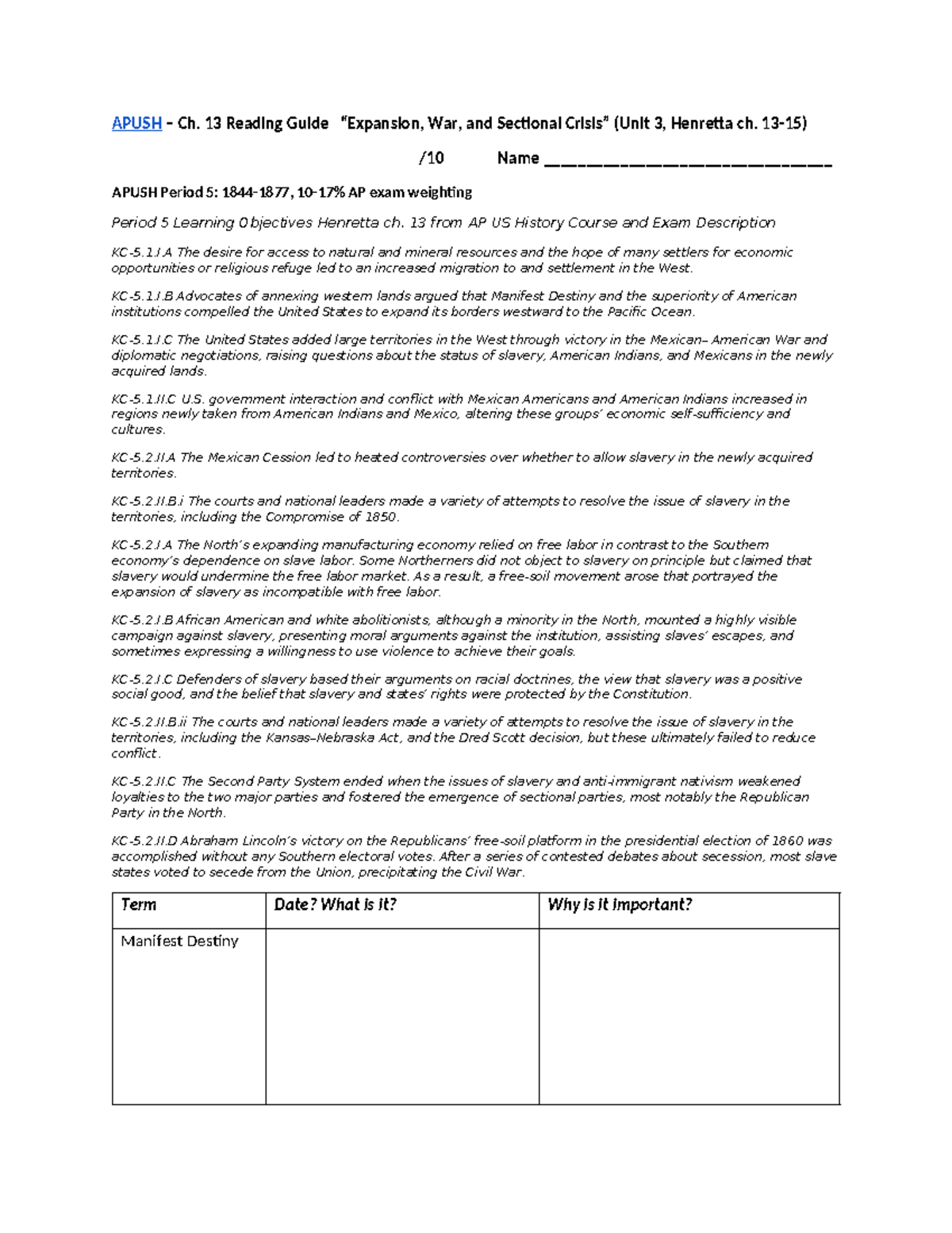23-24 APUSH Henretta Ch. 13 Reading Guide: Expansion & Crisis - Studocu