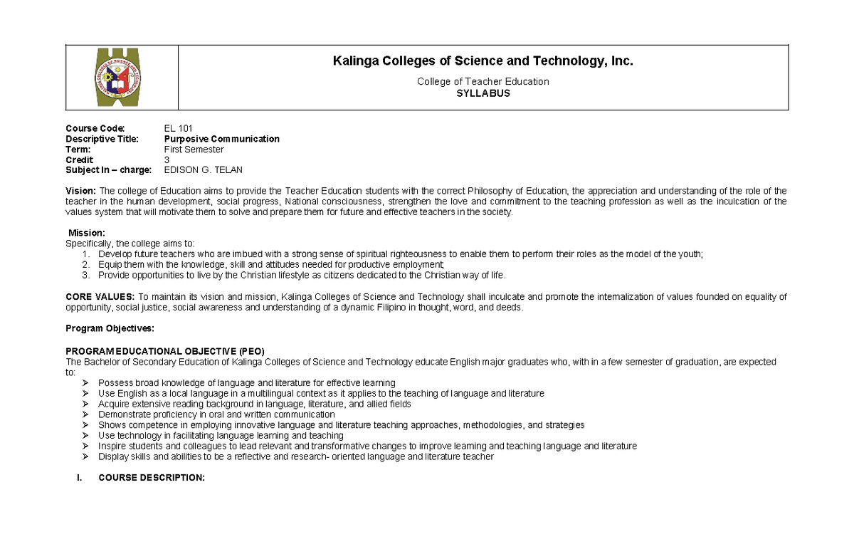 EL 101 Syllabus: Purposive Communication - First Semester - Studocu