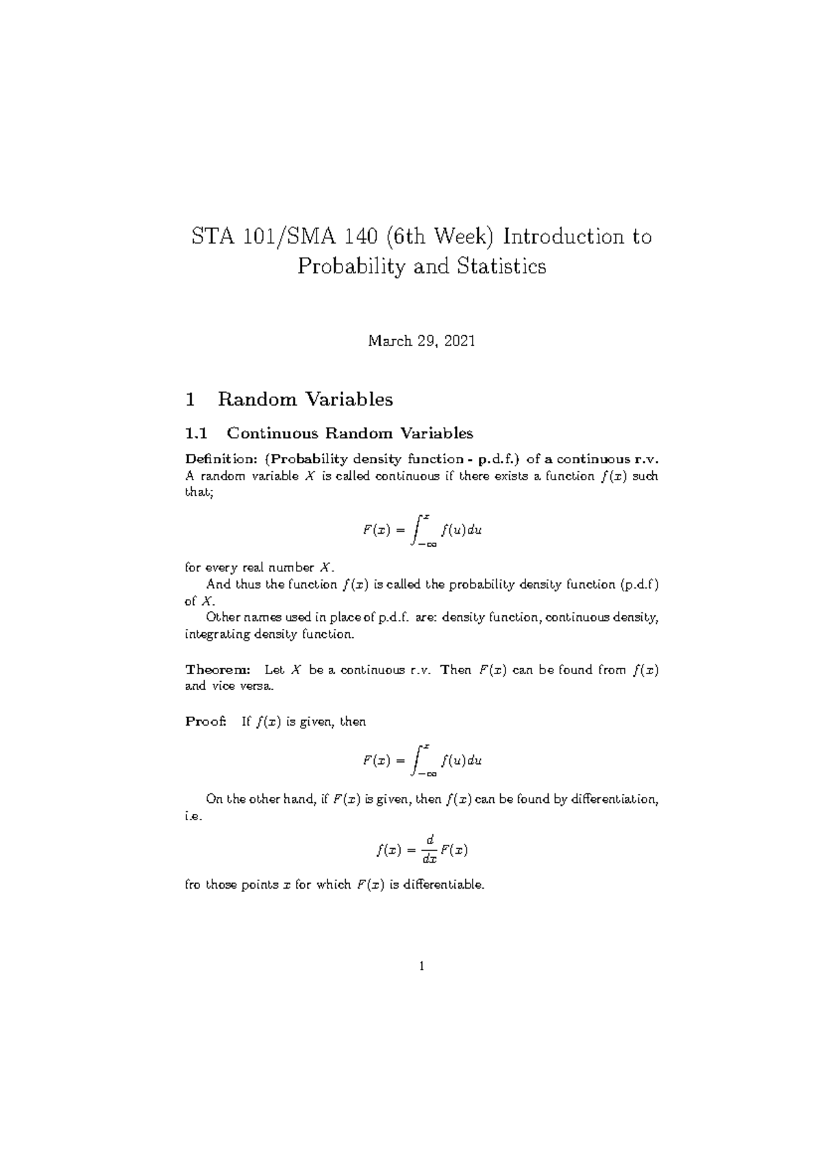 STA 140 Lecture 5: Introduction to Continuous Random Variables - Studocu
