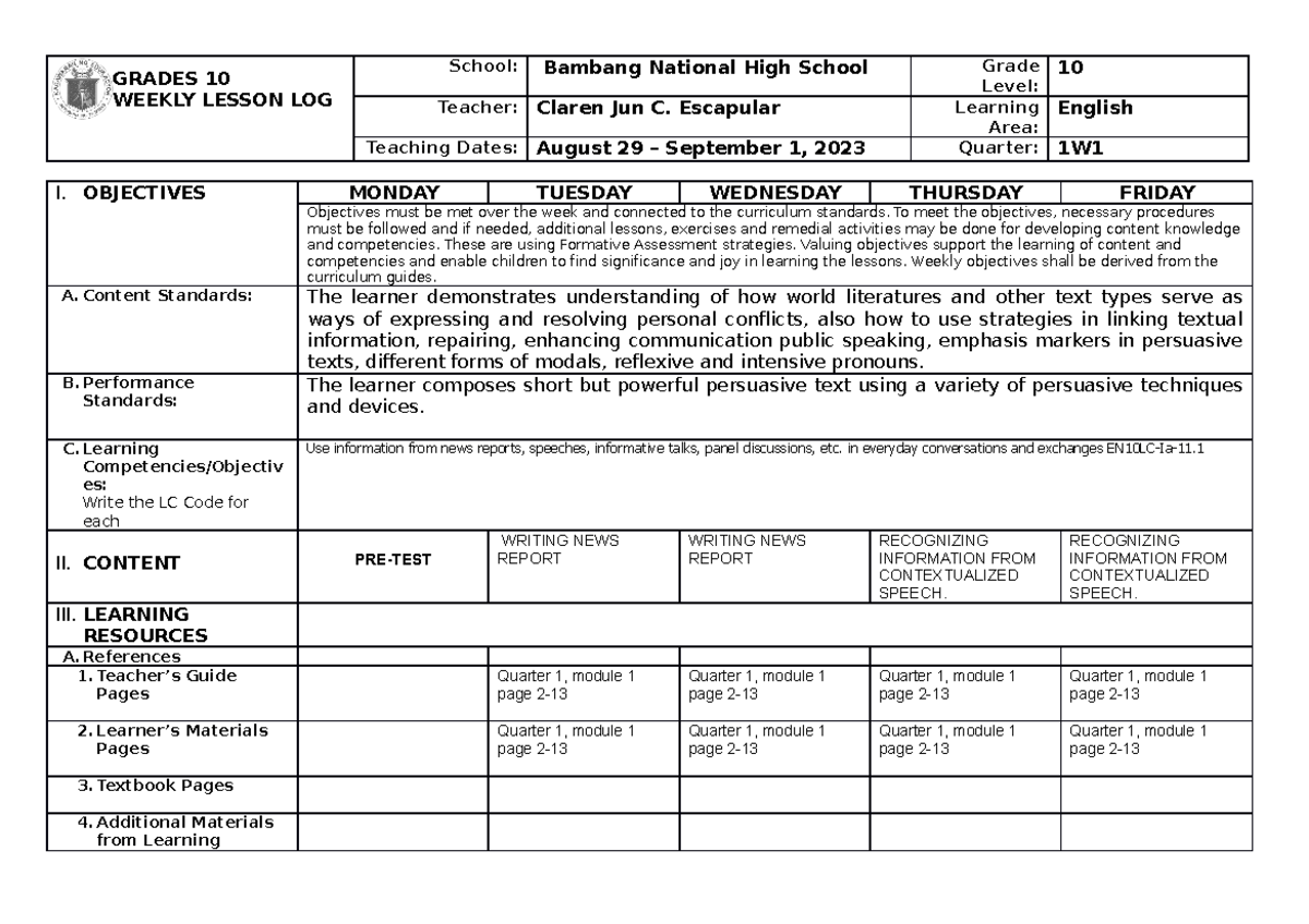 G10 WLL Week 2 Lesson Plan: Grade 10 English Curriculum - Studocu