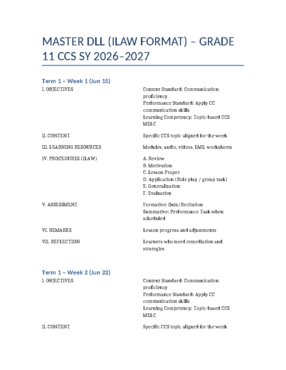 Master DLL ILAW Format: Grade 11 CCS Weekly Lesson Plans - Studocu