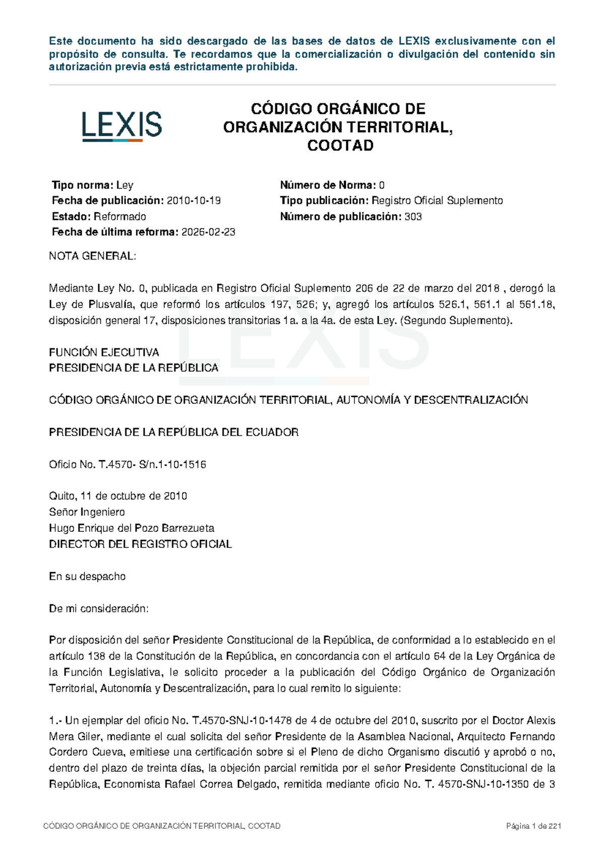 CÓDIGO ORGÁNICO DE ORGANIZACIÓN TERRITORIAL, COOTAD - Ley Reformatoria ...
