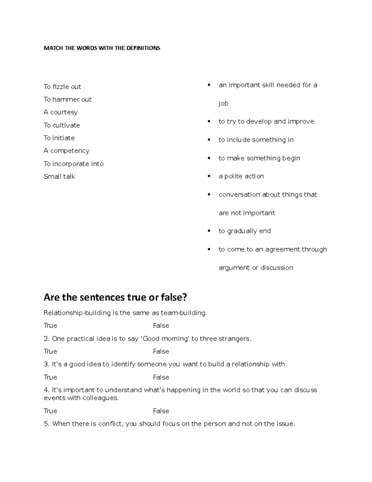 Listening Activity-Building relationships - MATCH THE WORDS WITH THE ...