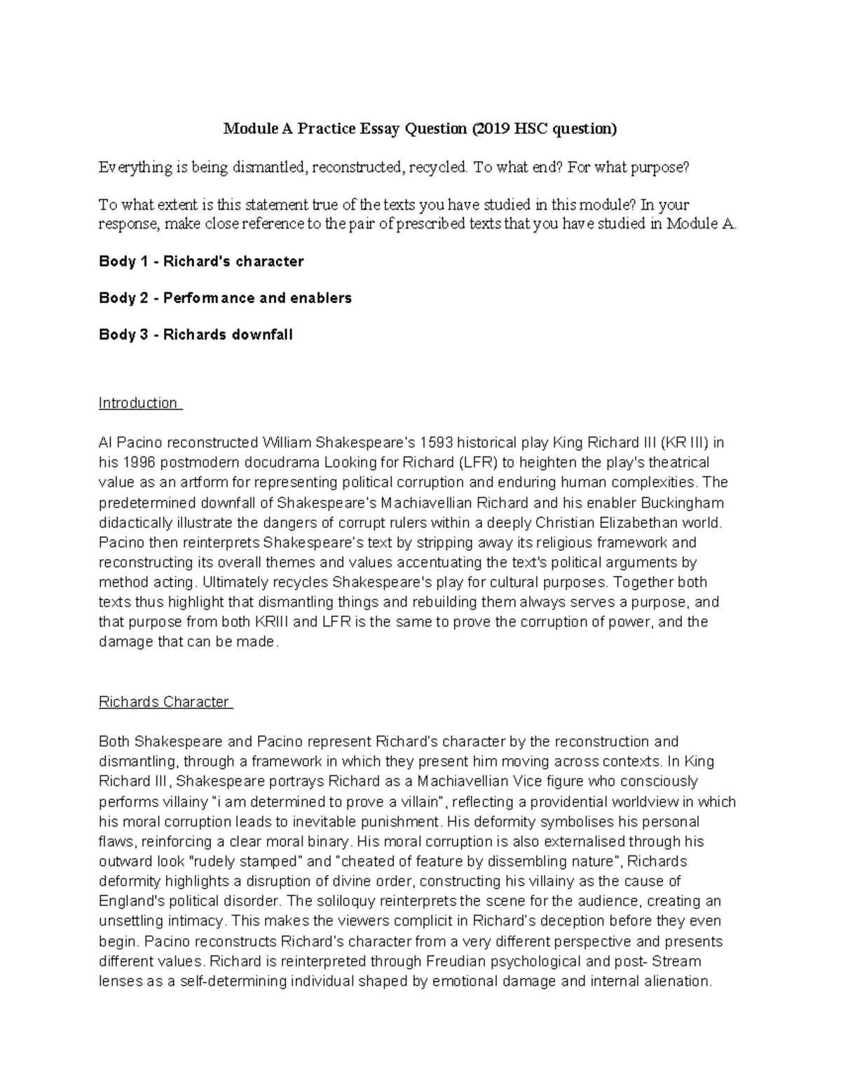 Module A Practice Essay: Dismantling and Reconstructing Richard - Studocu