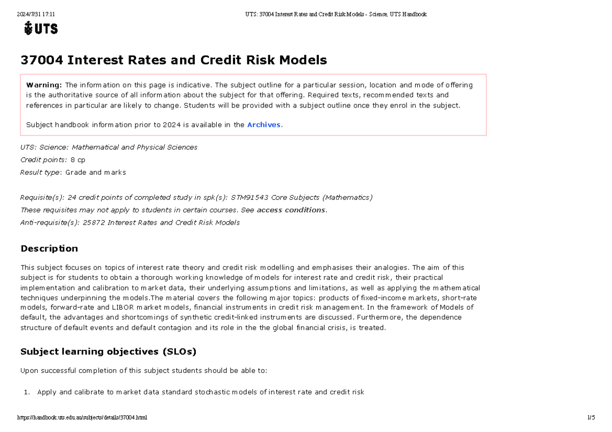UTS 37004 Final Exam Notes - Interest Rates & Credit Risk Models - Studocu