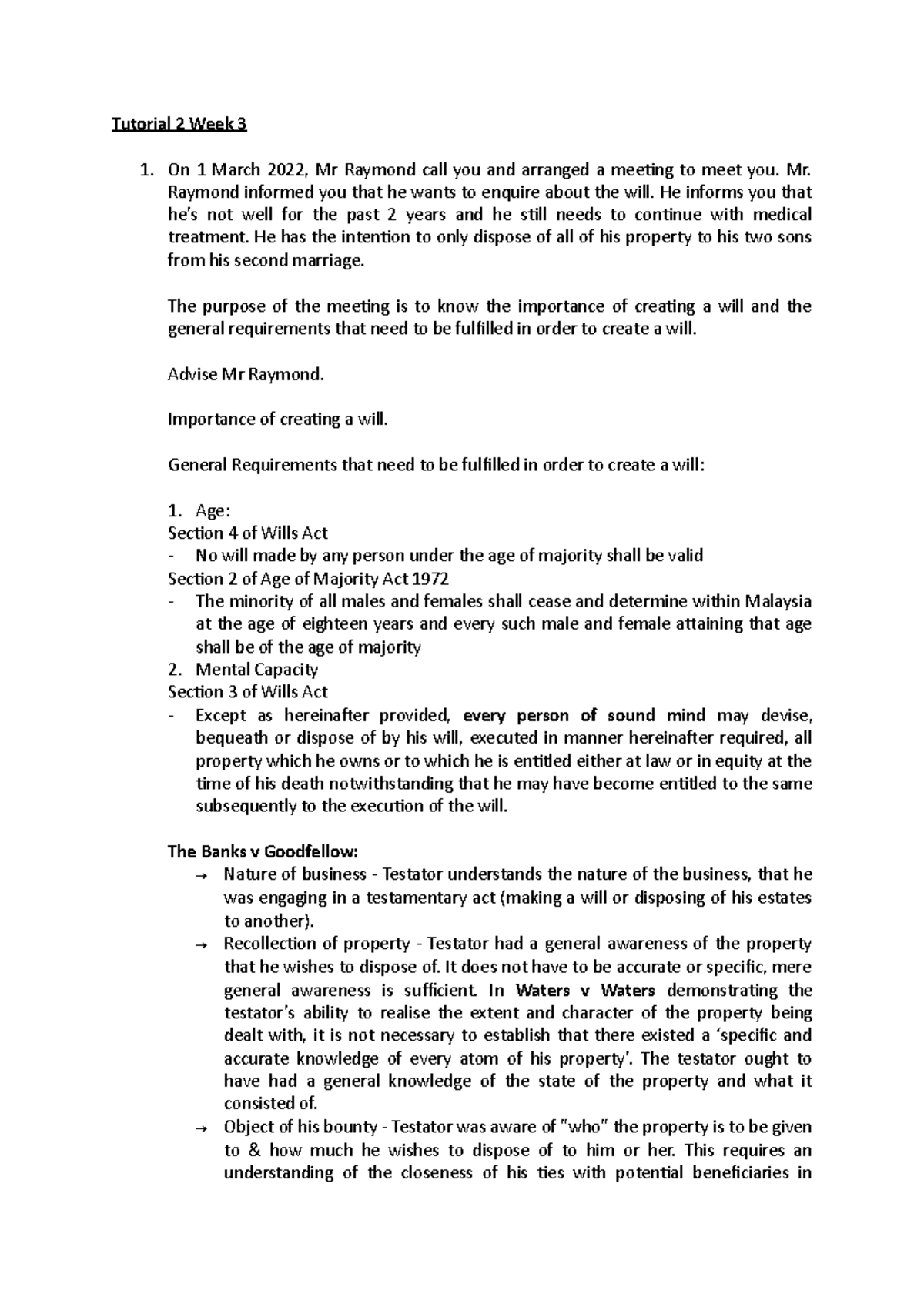 Tutorial 2 Week 3 - tuto - Tutorial 2 Week 3 On 1 March 2022, Mr Raymond call you and arranged a ...