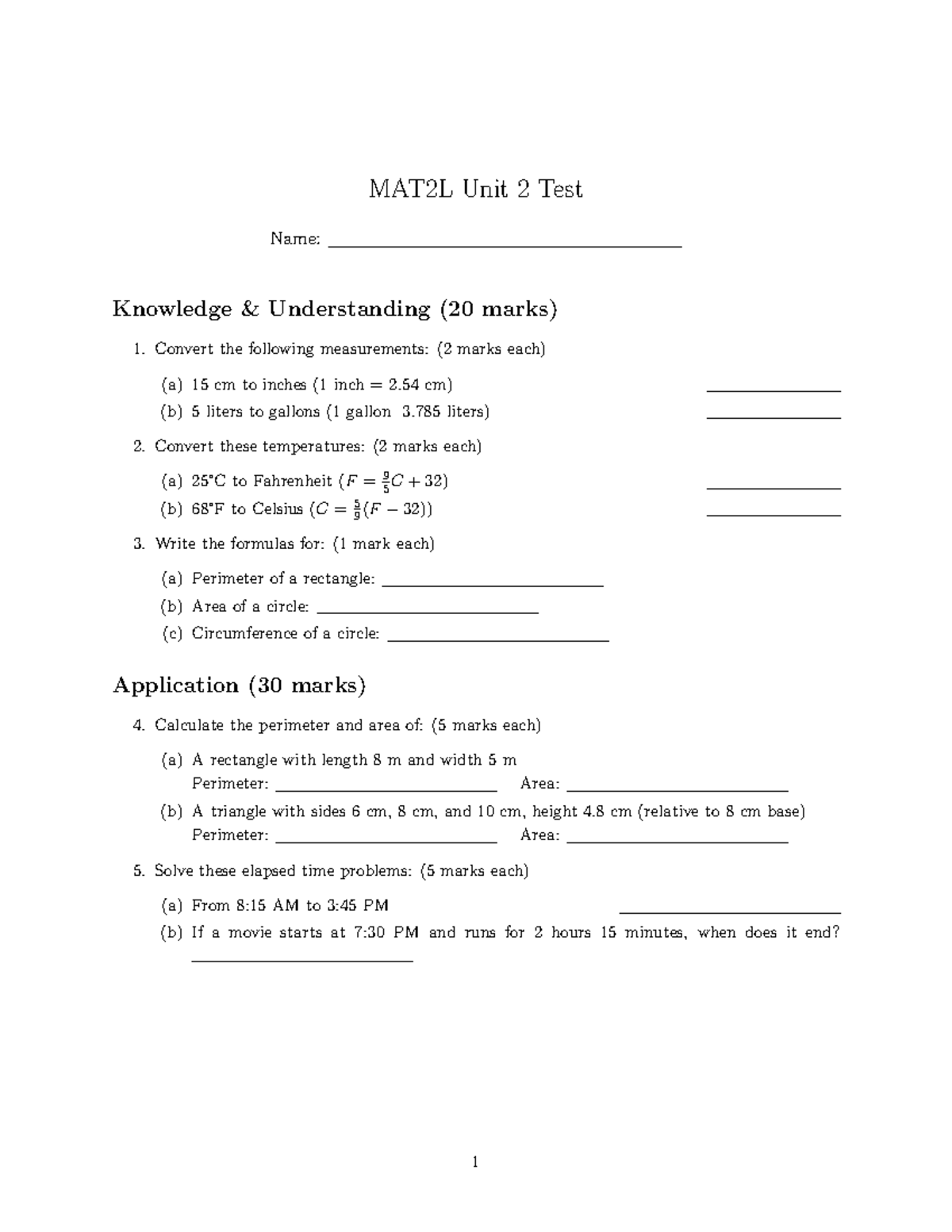 MAT2L Unit 2 Test: Knowledge & Application (20 Marks) - Studocu