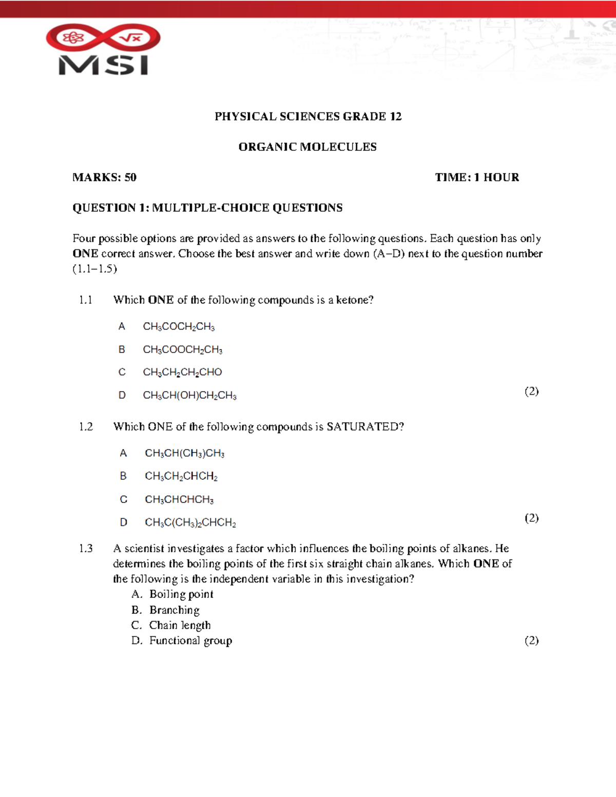 Organic Molecules TEST Grade 12 - PHYSICAL SCIENCES GRADE 1 2 ORGANIC ...
