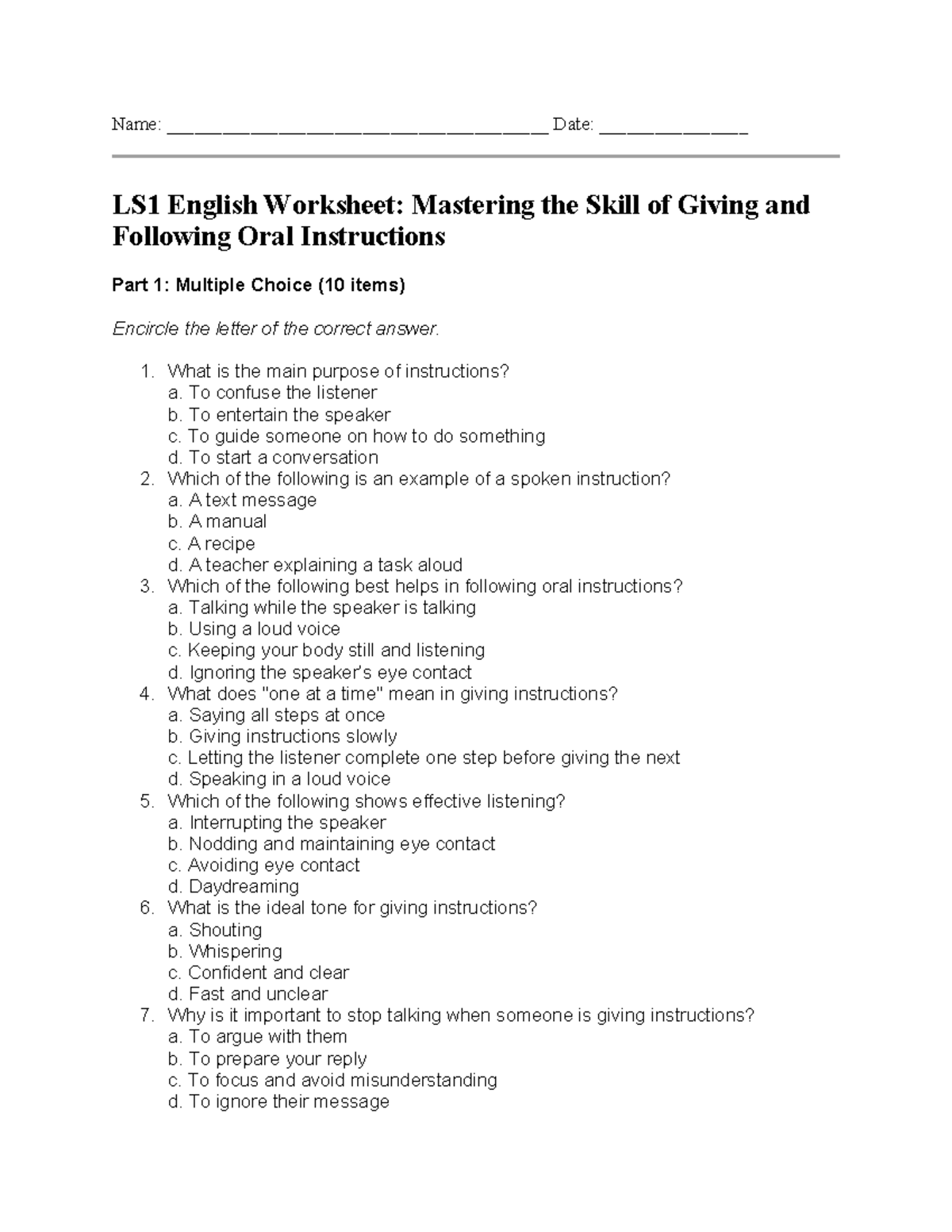 LS1 English Worksheet: Oral Instructions Mastery & Practice Activities ...
