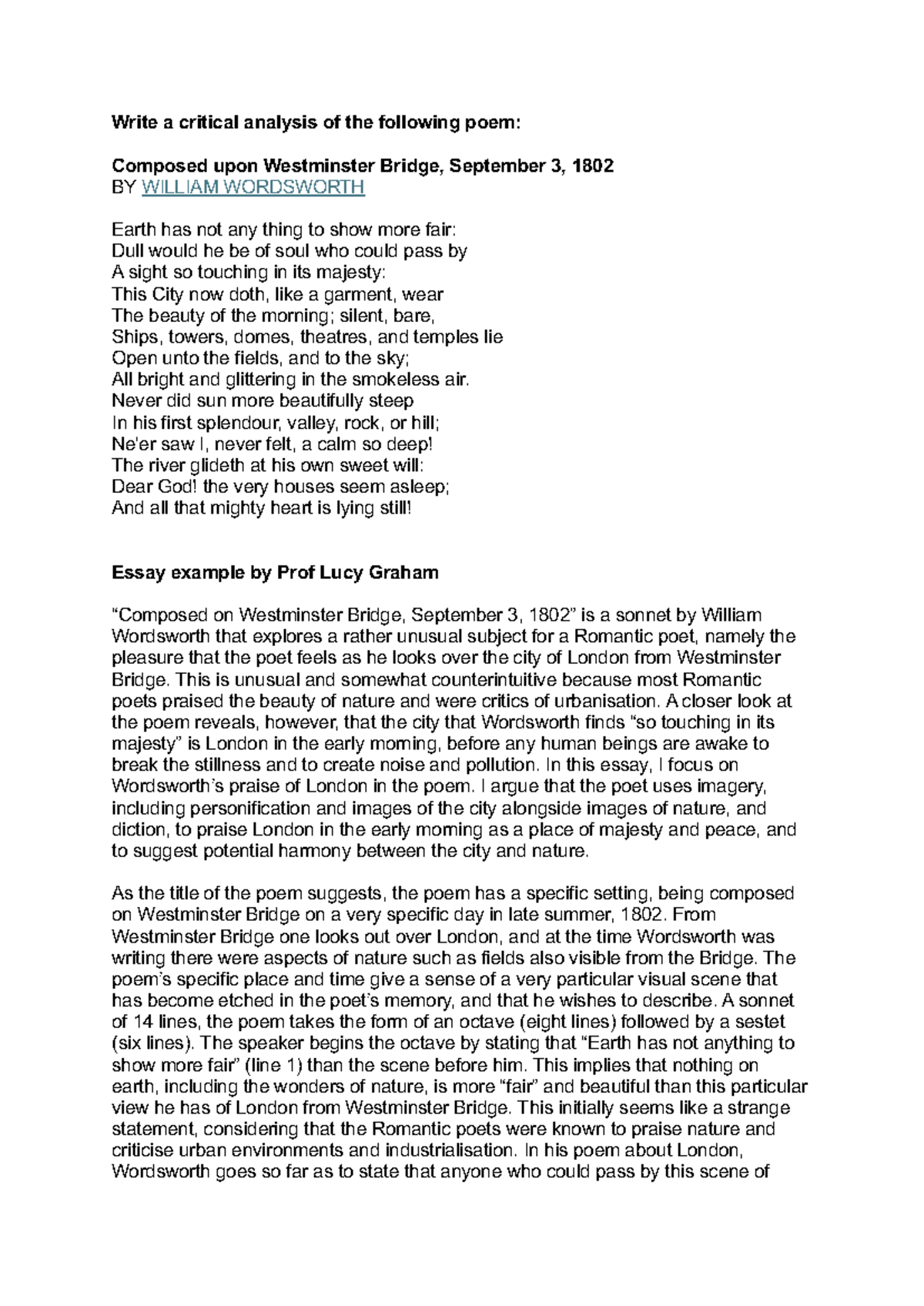 Critical Analysis Essay: Wordsworth's "Composed upon Westminster Bridge ...