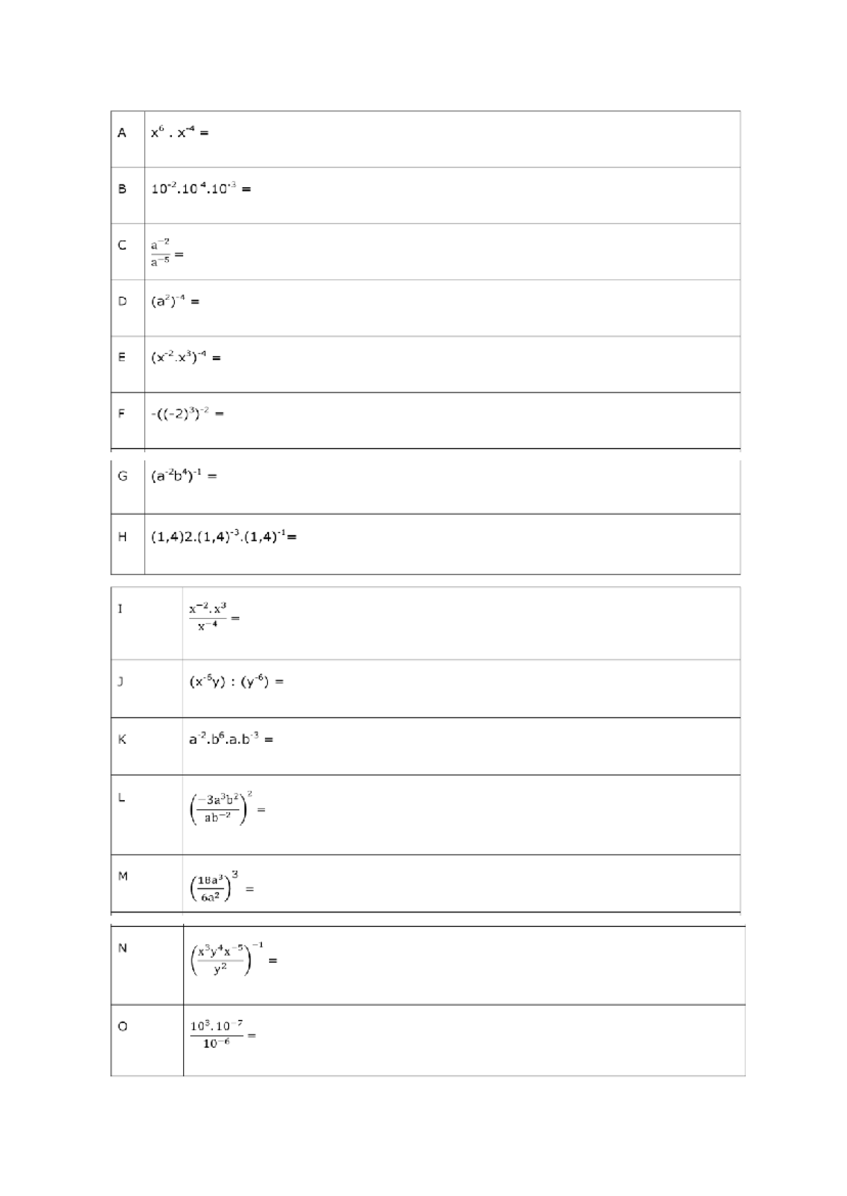 Rekenen met machten (remediëring) - Español - A x⁶.x⁻⁴= B 10⁻².10⁴.10⁻³ ...