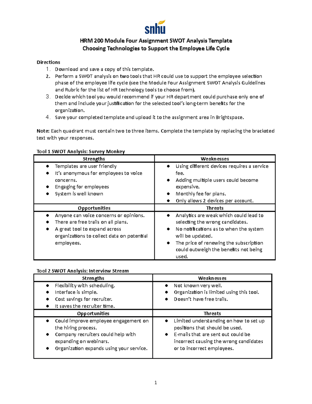 HRM 200 Module 4 Assignment: SWOT Analysis of HR Tools - Studocu