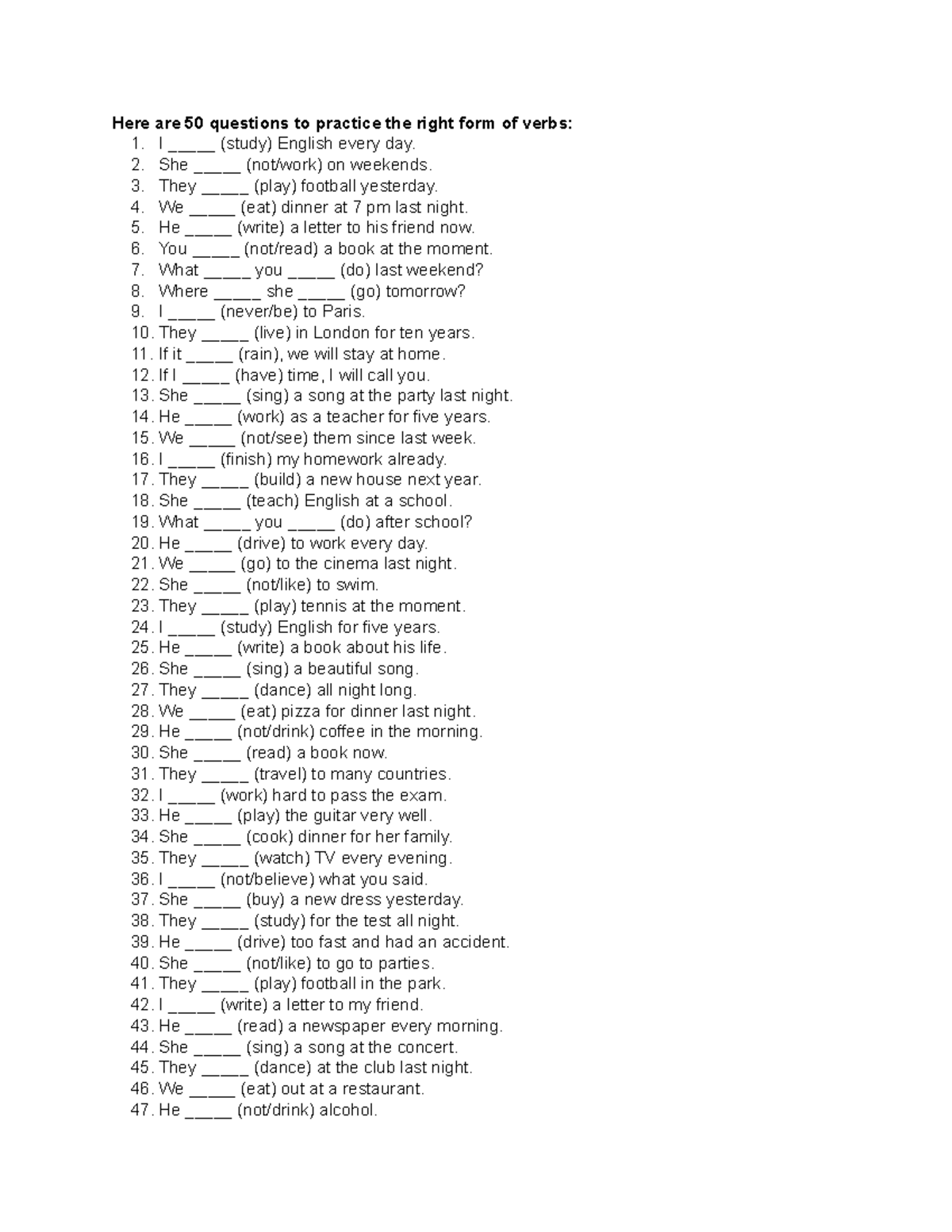 Practice Questions for Verb Forms: 50 Exercises - Studocu