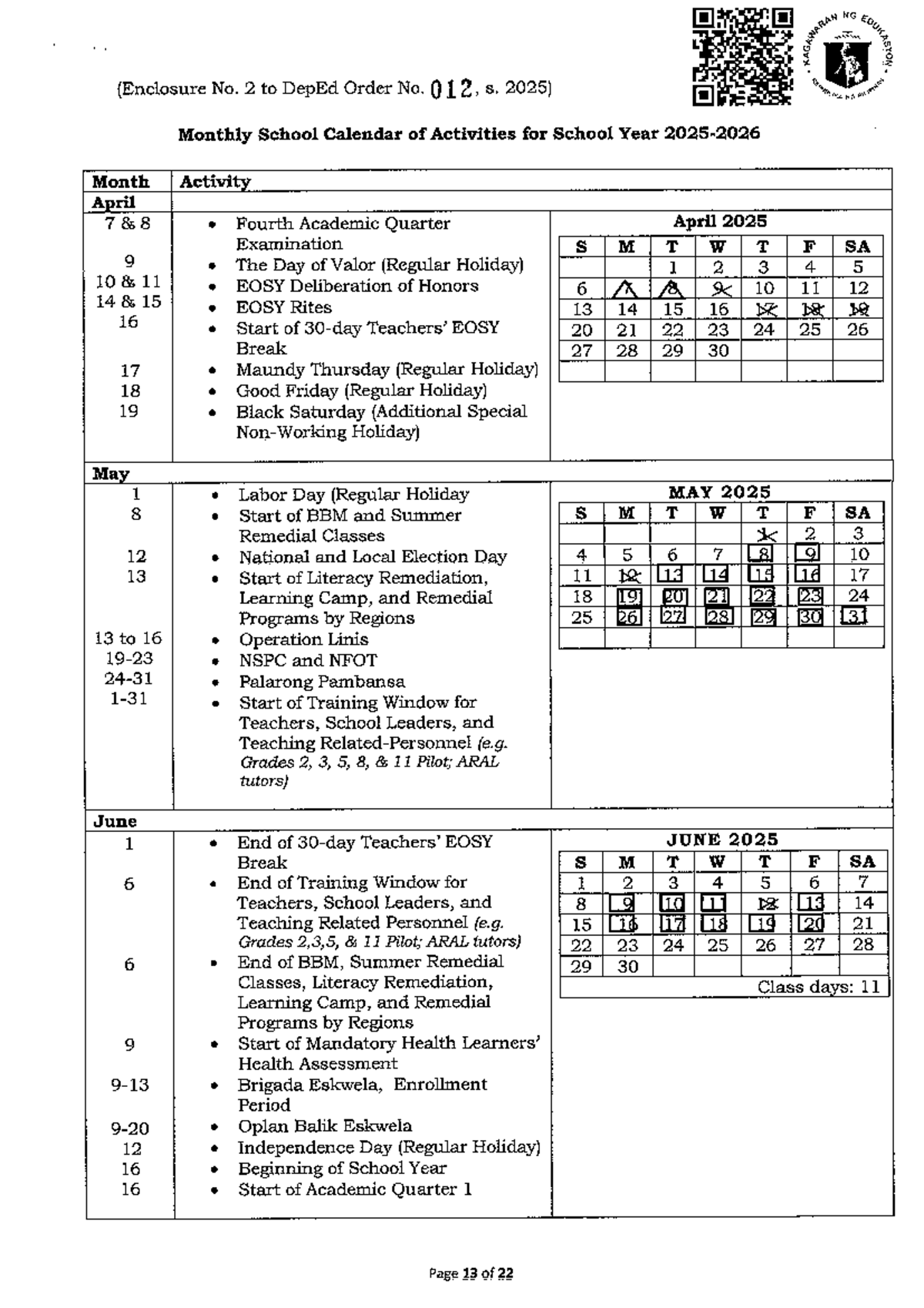 DO S2025-012 Monthly School Calendar of Activities (April - June 2025 ...