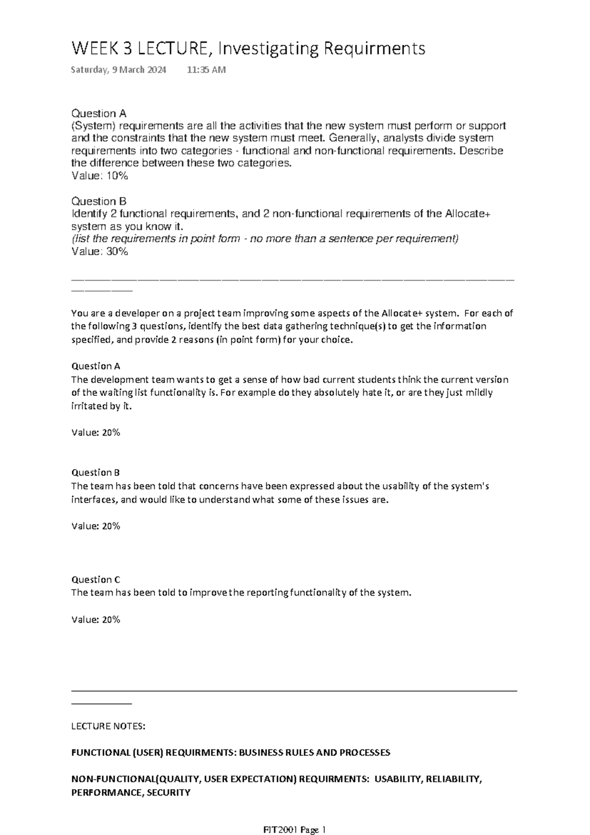 WEEK 3 FIT2001 Lecture: Investigating System Requirements & Functions ...