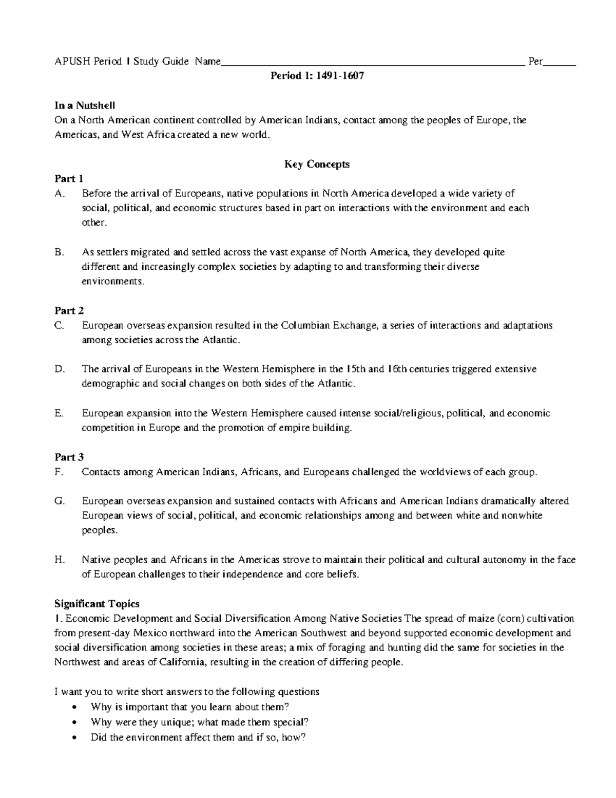 APUSH Period 1: Key Concepts and Significant Topics Study Guide - Studocu