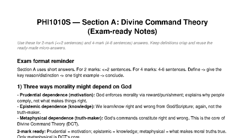PHI1010S Final Exam: Divine Command Theory Study Notes - Studocu