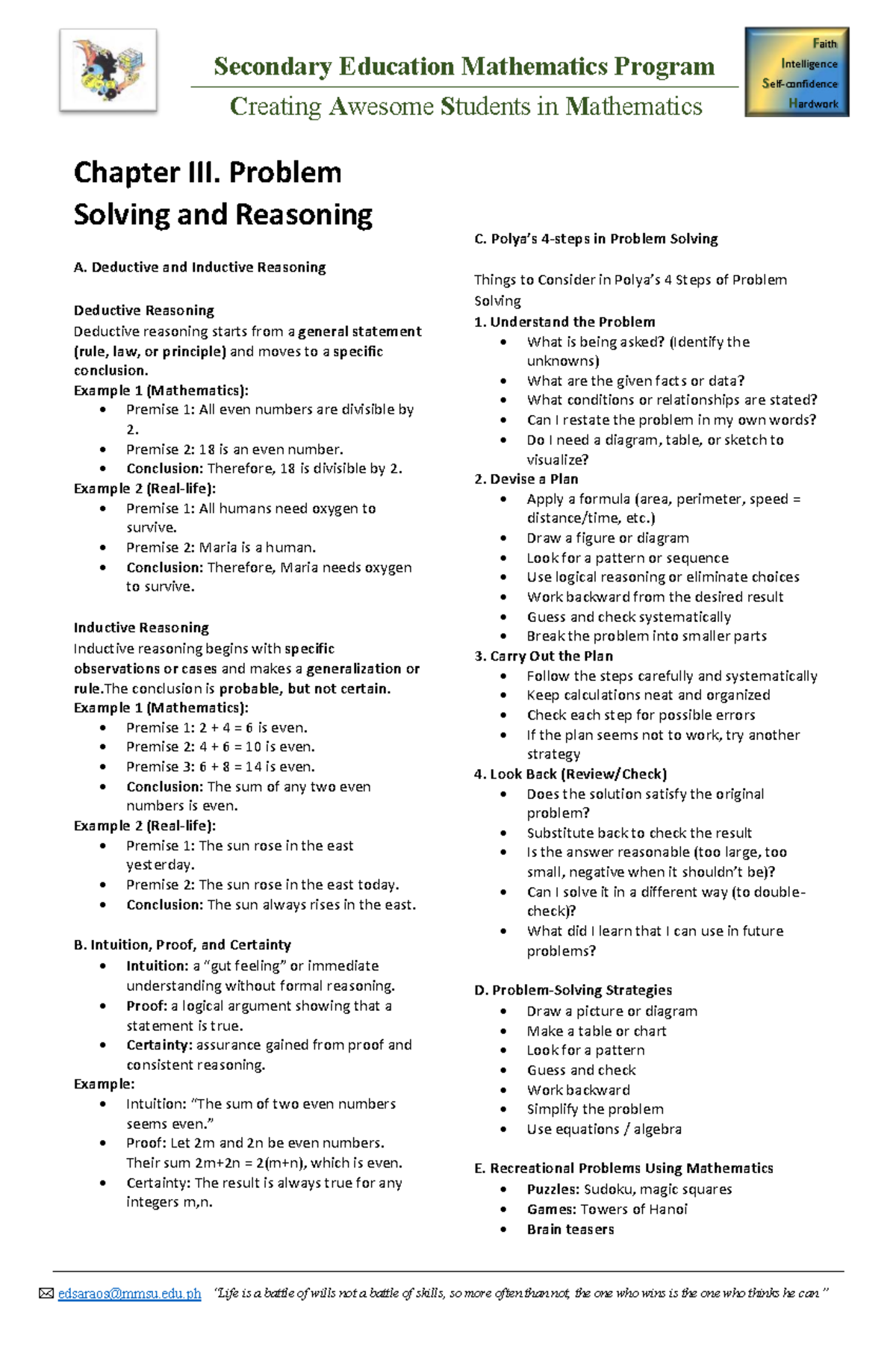 Math 01 Chapter 3: Problem Solving & Reasoning Techniques - Studocu