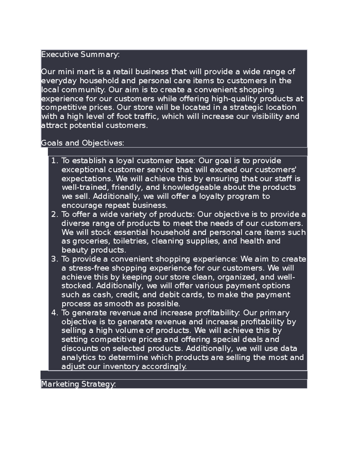 Business Plan for Mini Mart: Goals, Strategy & Revenue Generation - Studocu