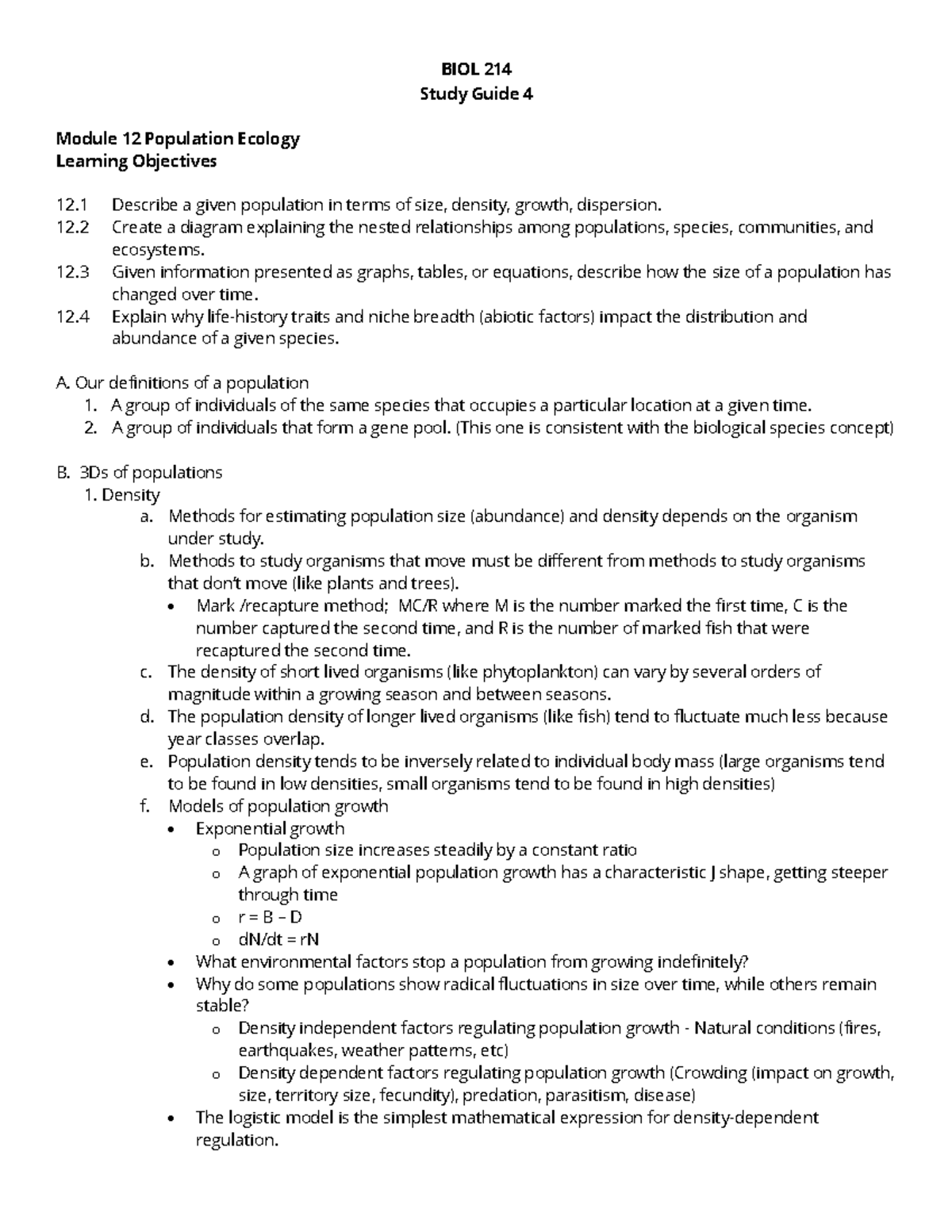 BIOL 214 Study Guide 4: Population Ecology - Studocu