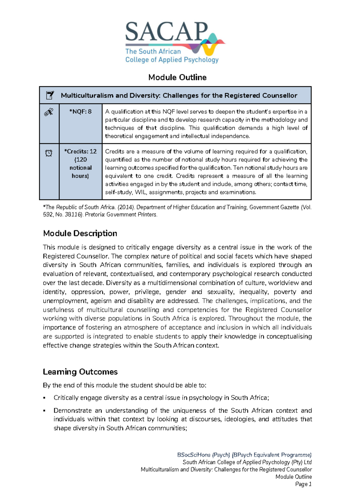 BSoc Sci Hons (BPsych) - Module Outline on Multiculturalism & Diversity ...