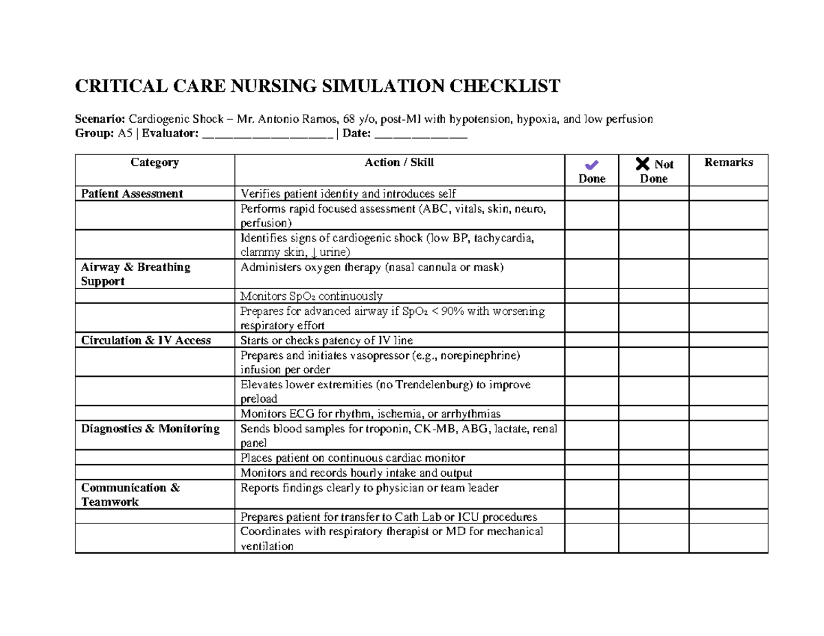 CRITICAL CARE NURSING: Cardiogenic Shock Simulation Checklist - Studocu