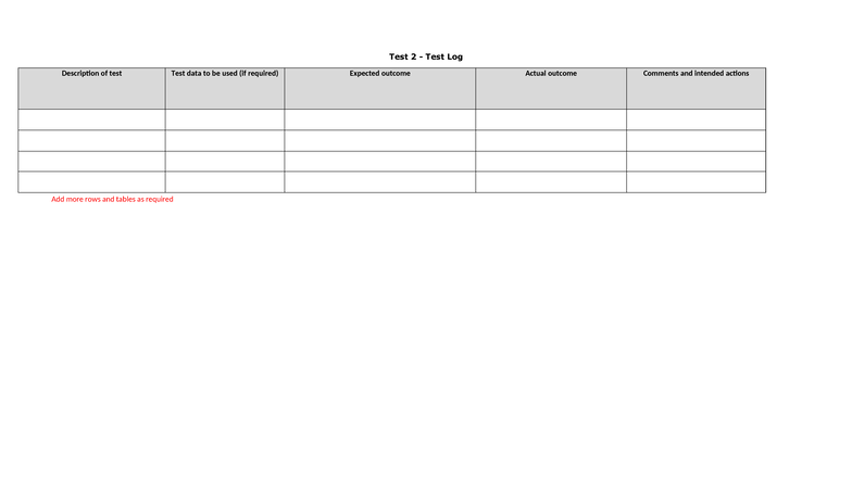 Task 2 Test Log Template - Test 2 - Test Log Add more rows and tables ...