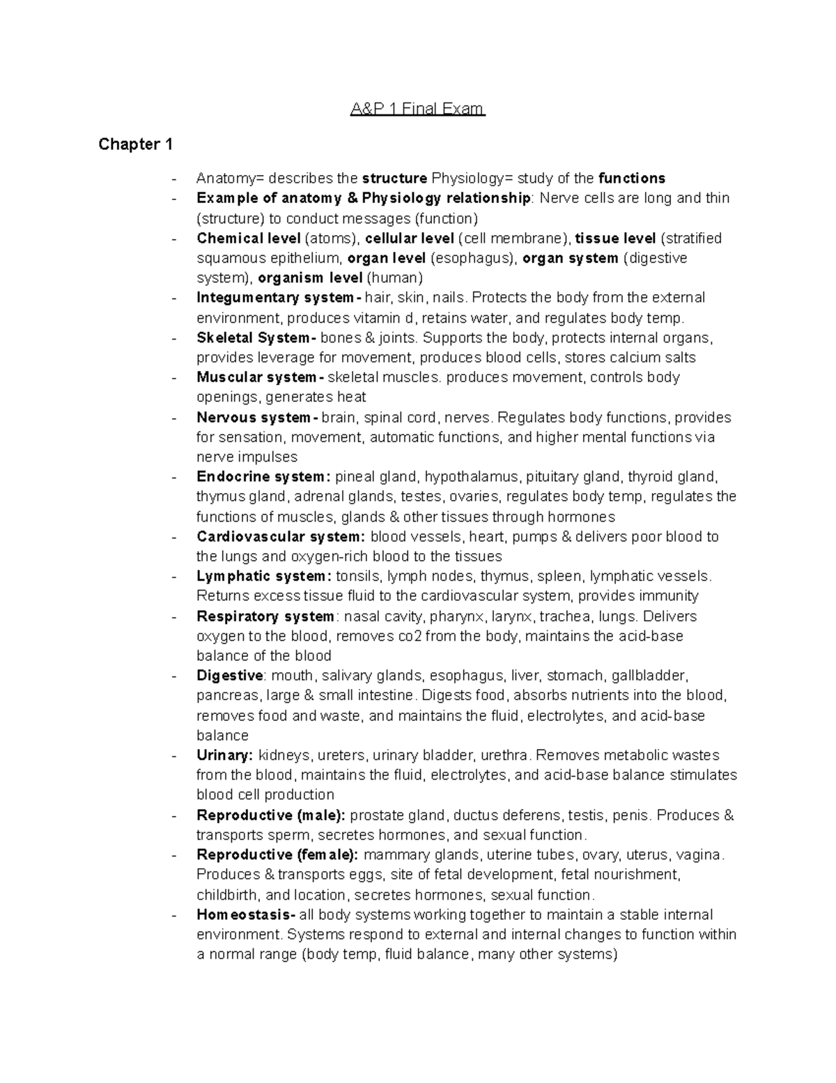 A&P 1 Final Exam Study Guide: Key Concepts & Systems Overview - Studocu