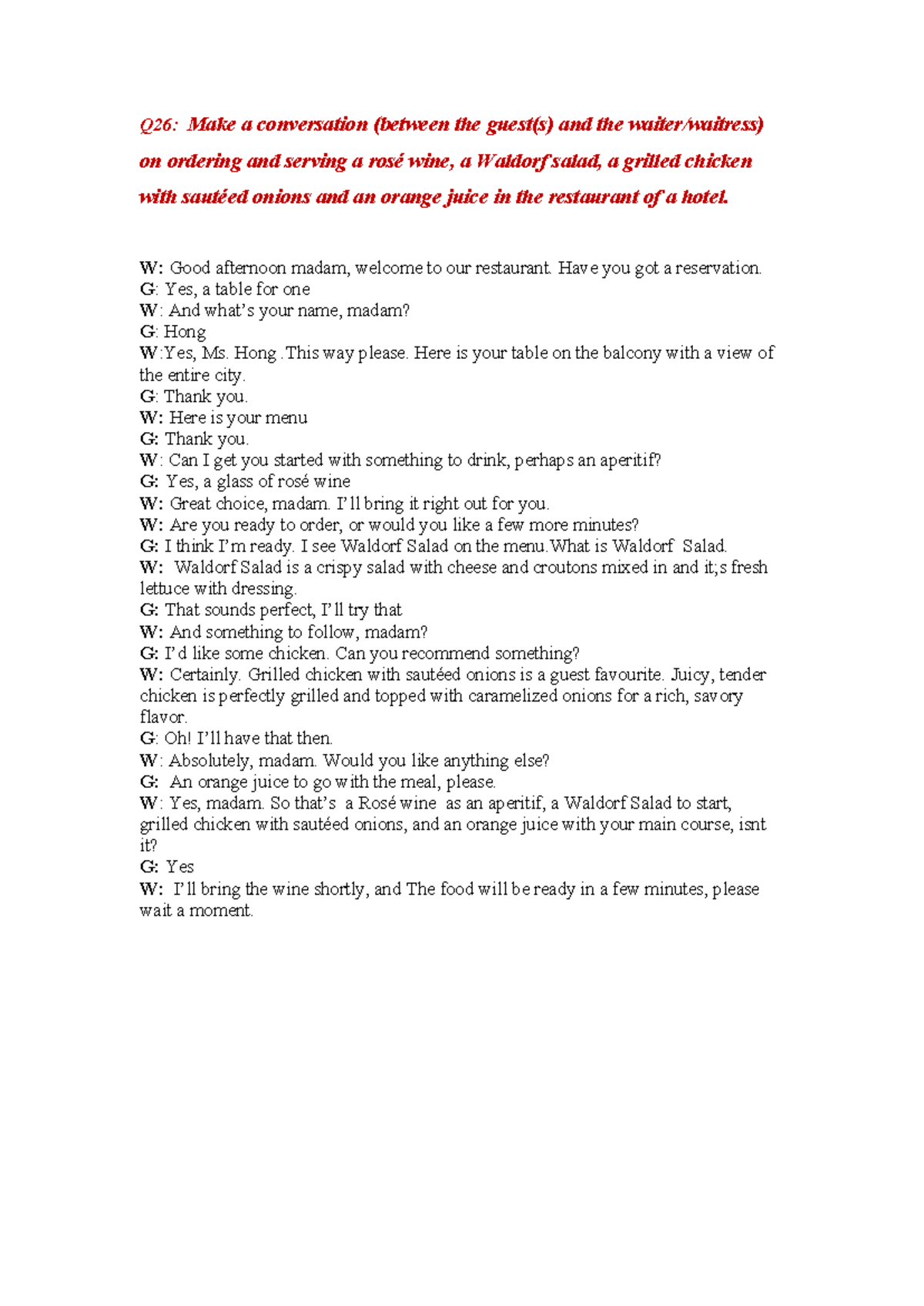 MID-TERM TEST - Conversations on Ordering in a Hotel Restaurant - Studocu