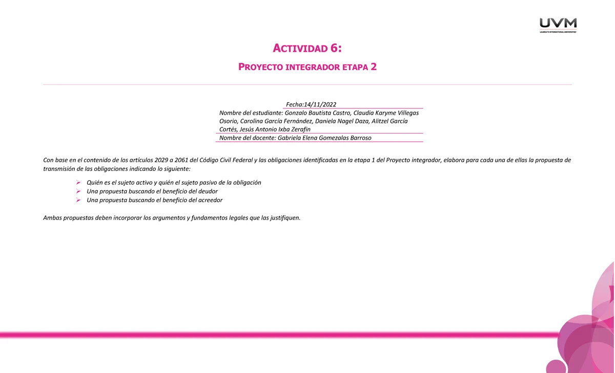 A#06 - Proyecto Integrador Etapa 2: Transmisión de Obligaciones - Studocu