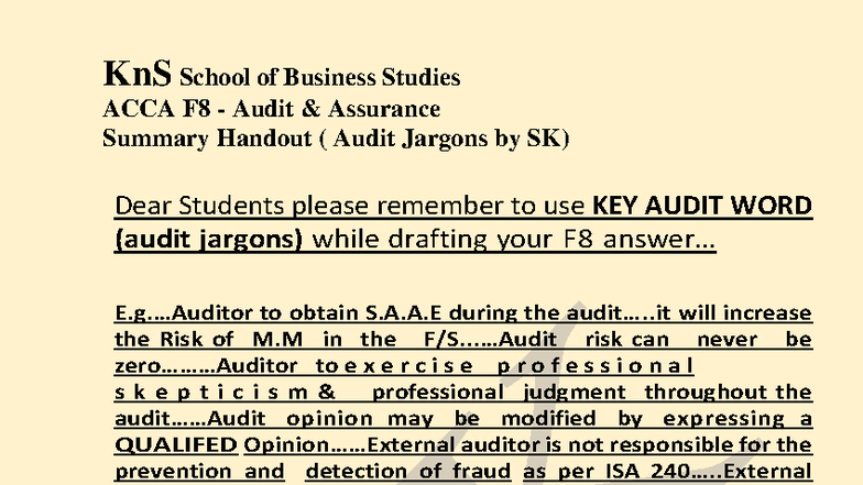 ACCA F8 Audit Assurance Summary: Key Audit Jargons by SK - Studocu