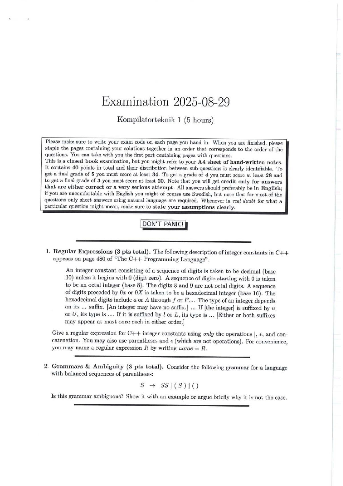 Kompilatorteknik I (1DL321) Final Exam Guidelines and Questions - Studocu