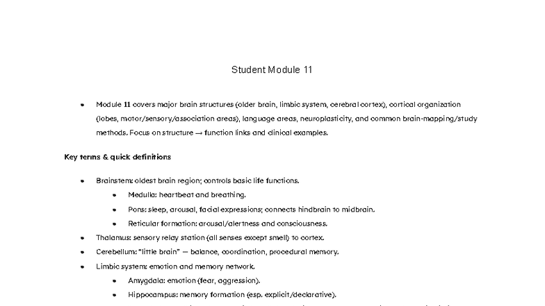 AP Psych Module 11: Brain Structures & Functions Overview - Studocu