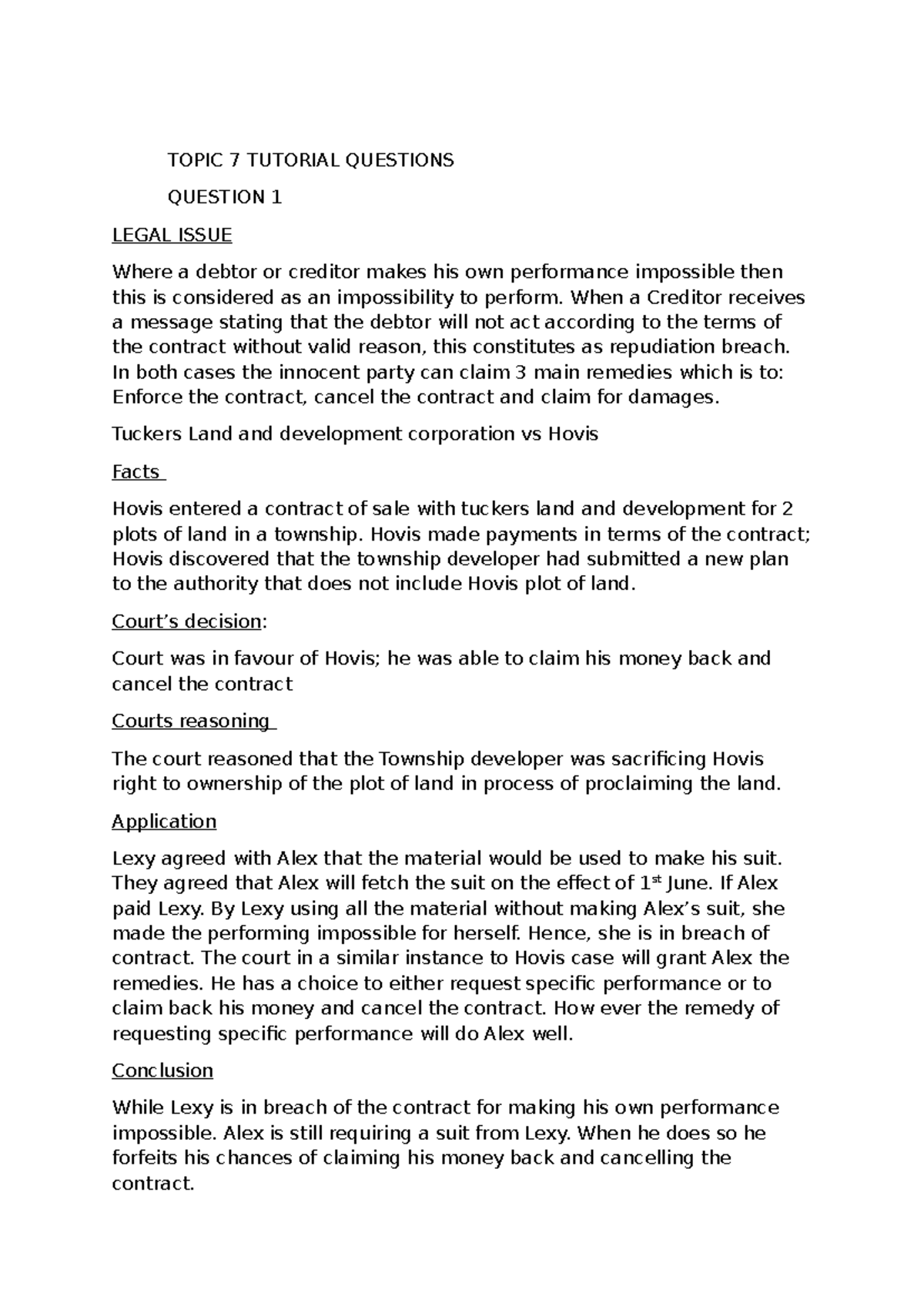 TOPIC 1 TUTORIAL QUESTIONS ON LEGAL ISSUES AND REMEDIES - Studocu