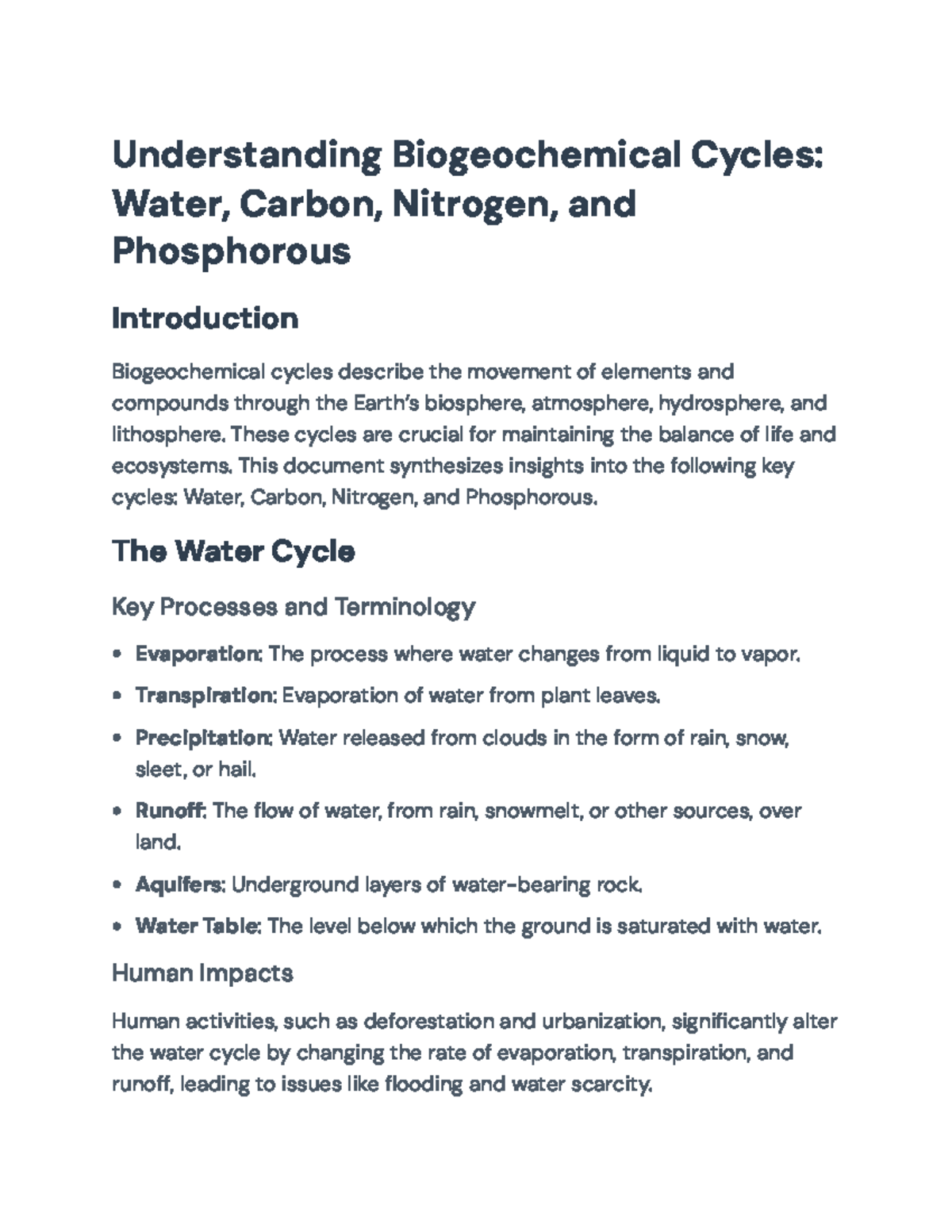 Biogeochemical Cycles: Water, Carbon, Nitrogen, and Phosphorous ...